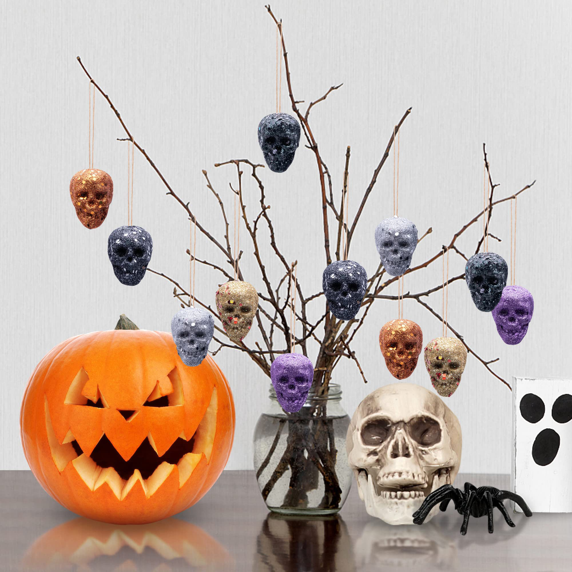ACTONIM 36 PCS Halloween Mini Glitter Hanging Skull Heads | Wayfair