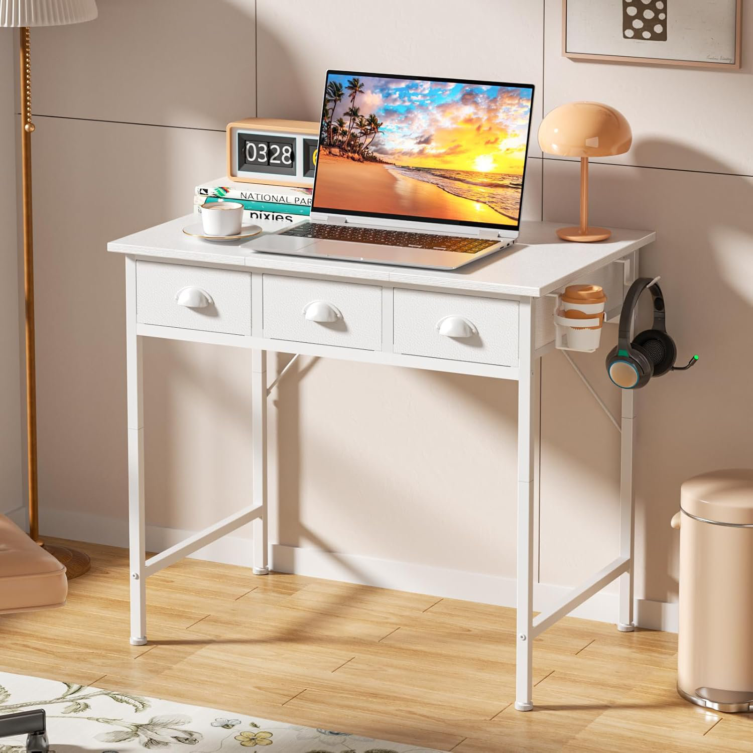 Hokku Designs 32" Small White Computer Desk With 3 Fabric Drawers, Home ...