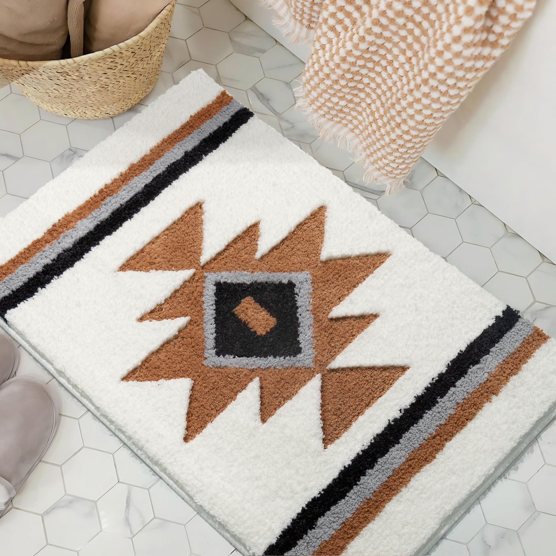 Loon Peak® Bathroom Rugs White Boho Bath Mat Non Slip, Soft Absorbent ...