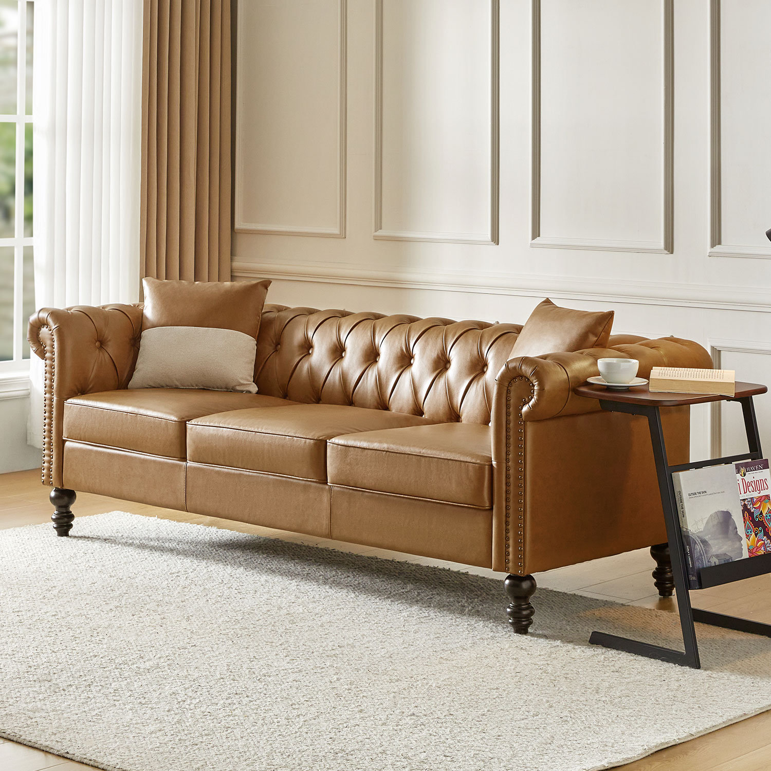 Charlton Home® Deshon 84.5" Wide Nailhead Trims Leather Chesterfield ...