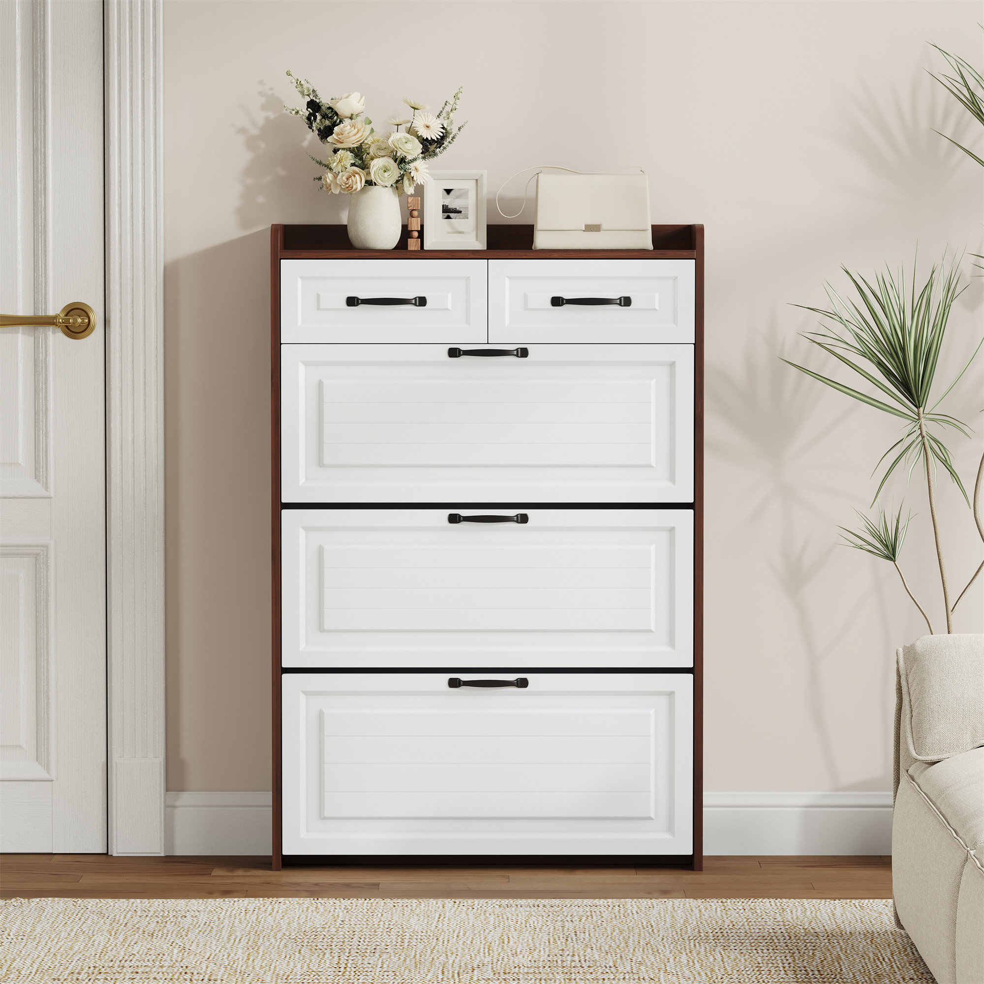 Corrigan Studio 1250 White Colour Shoe Cabinet With 3 Doors 2 Drawers ...