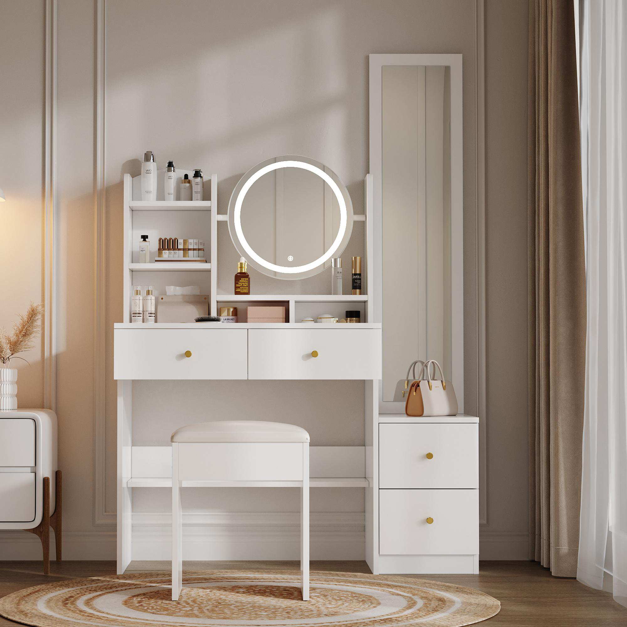 Brayden Studio Dressing Table With Led Mirror, 4 Drawers And Stool ...