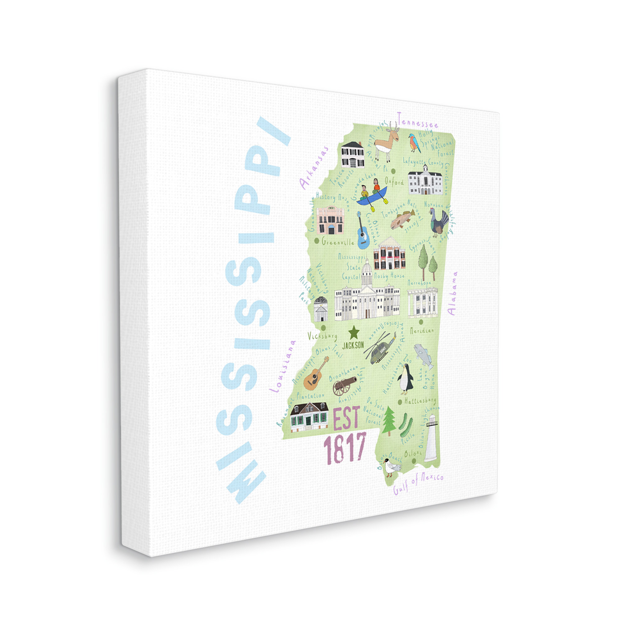 Stupell Industries Mississippi Landmarks Drawings Map Canvas Wall Art ...