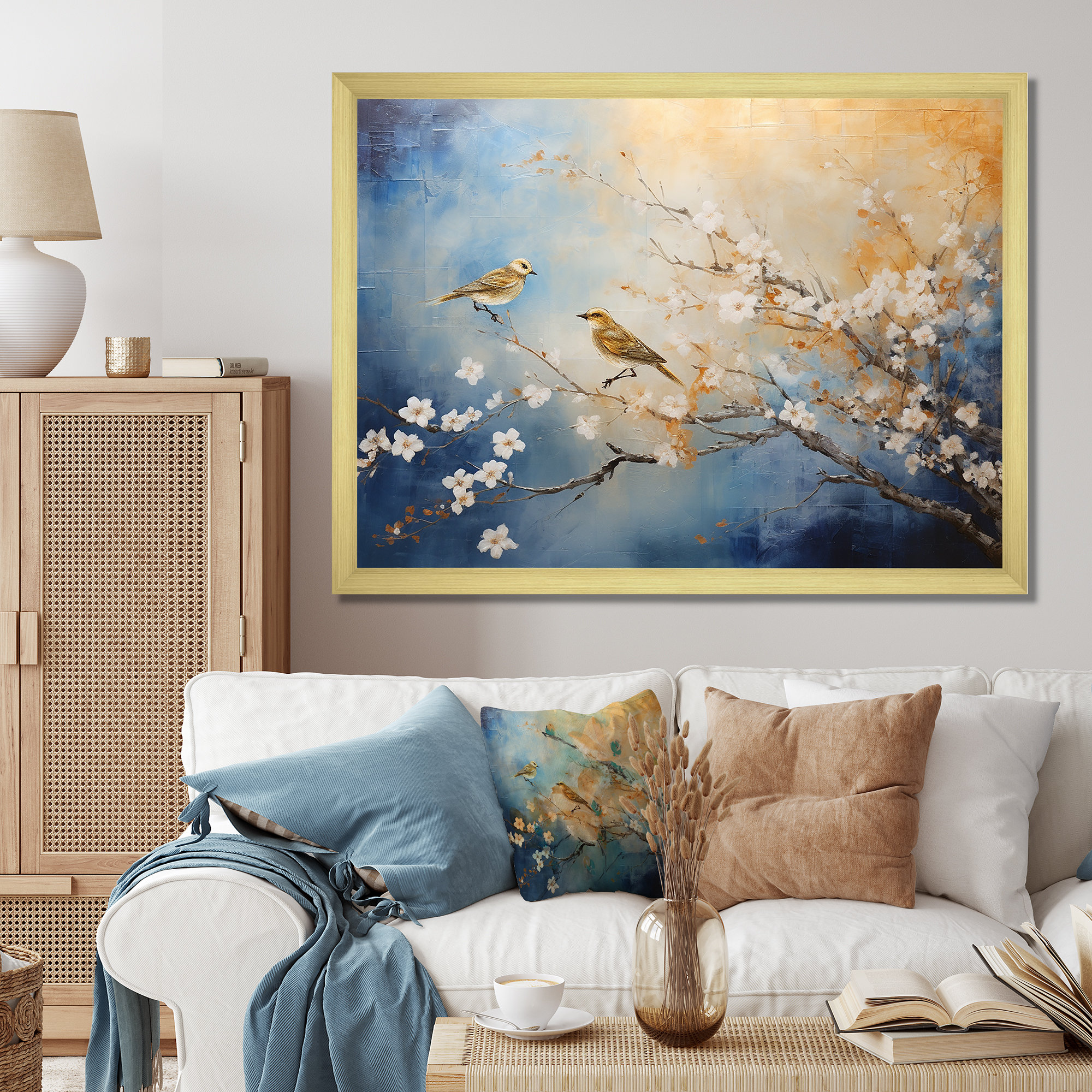 Red Barrel Studio® Gold And Blue Birds On Floral Tree - Bird Wall Art ...
