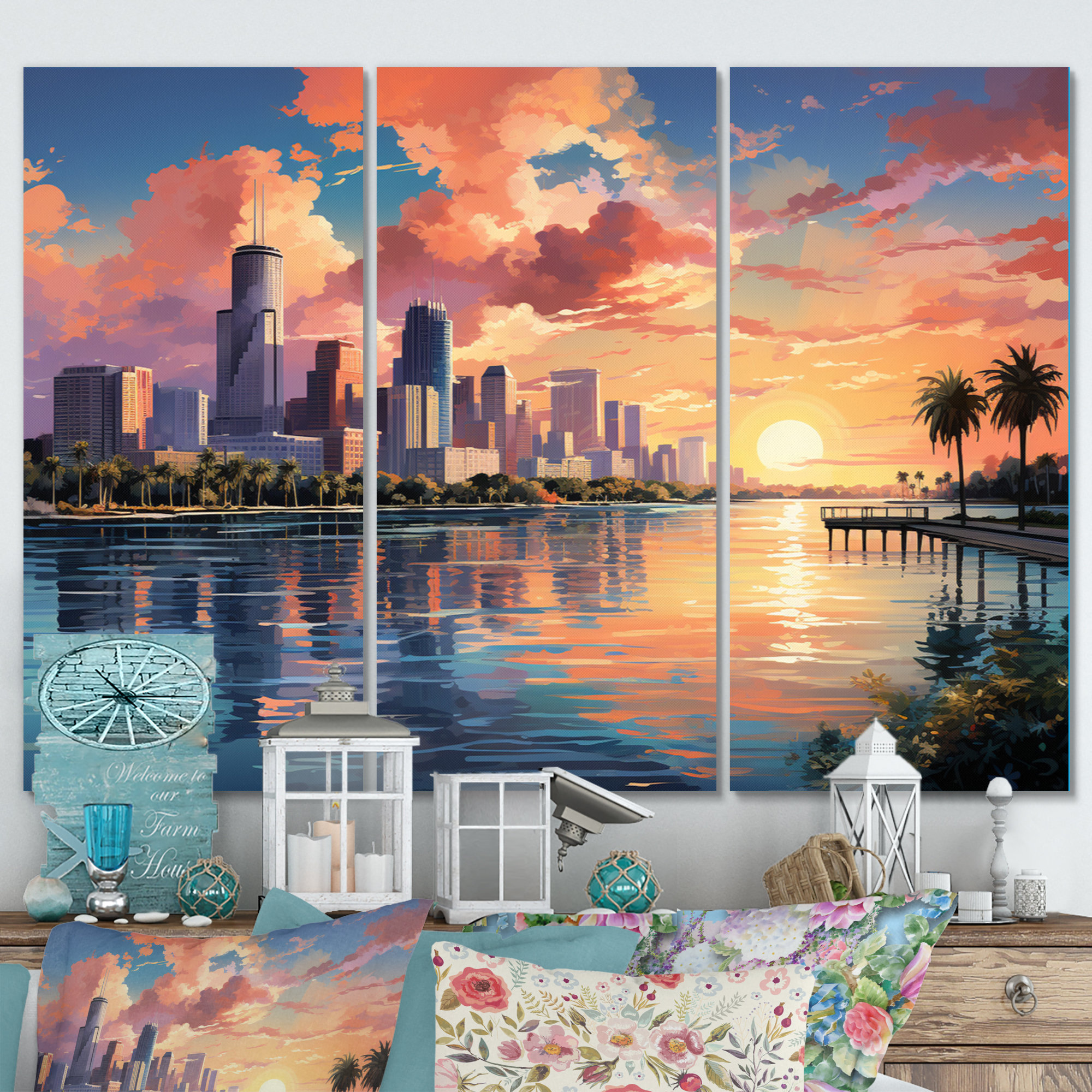 Highland Dunes Sunshines State Miami IV On Canvas 3 Pieces Print | Wayfair