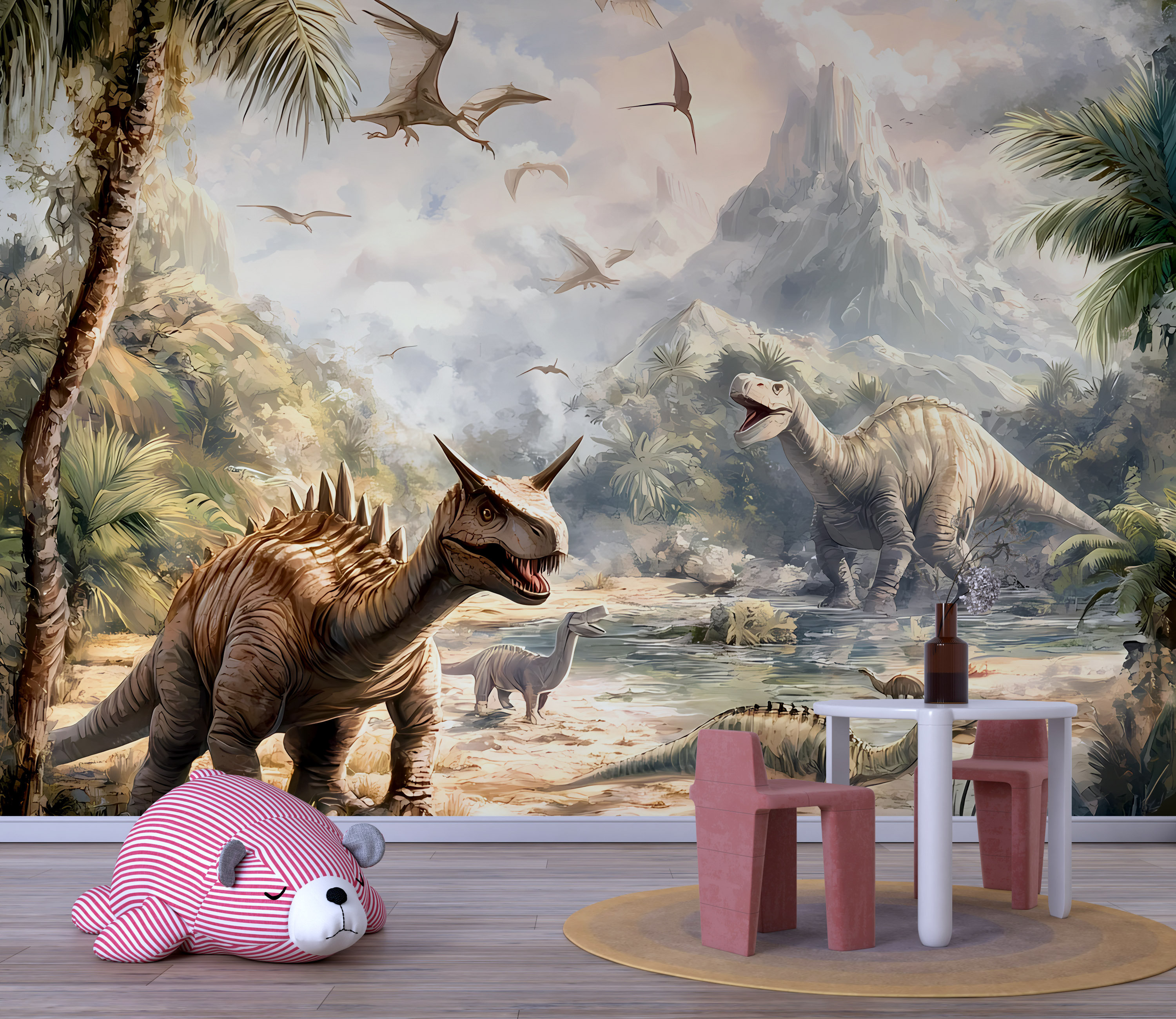 Stickalz Dinosaur Wall Mural - Jungle Prehistoric Kids Room Wallpaper ...