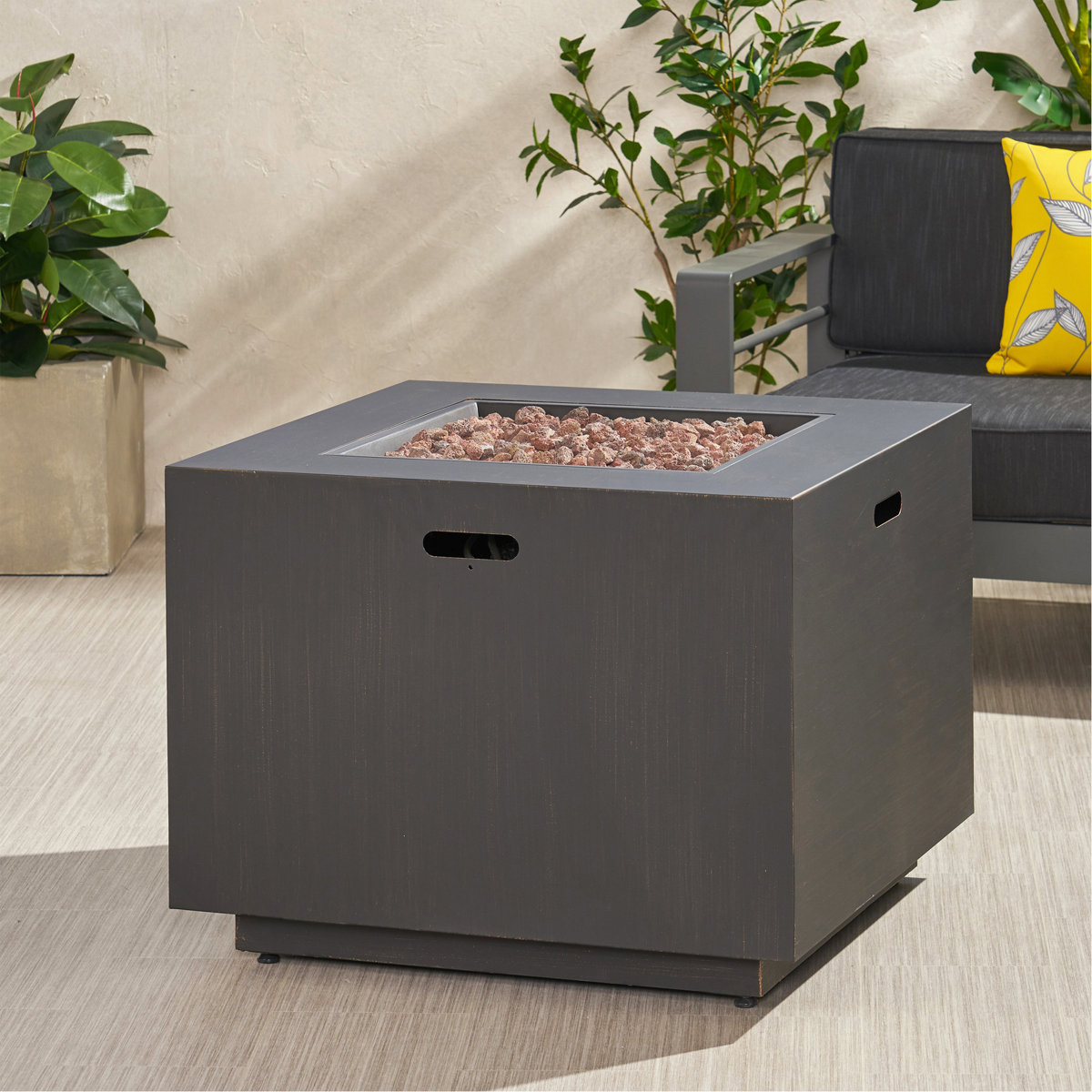 Rosecliff Heights 33" Outdoor Iron Square Propane Fire Pit, Tank Inside ...