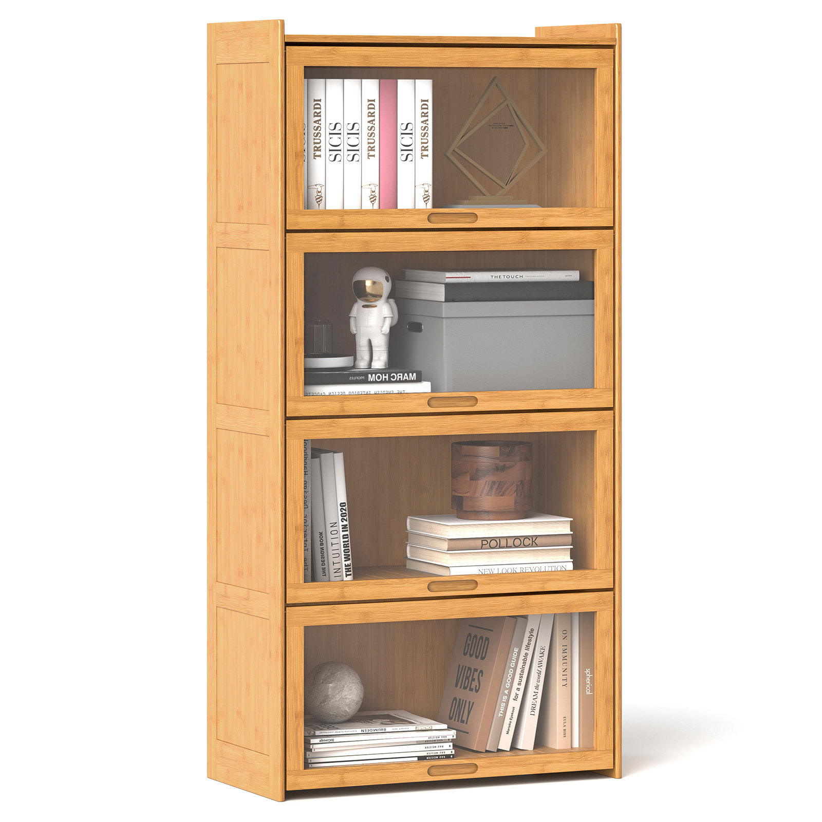 George Oliver 4-Tier Bamboo Bookshelf w/Doors See-through Acrylic Doors ...