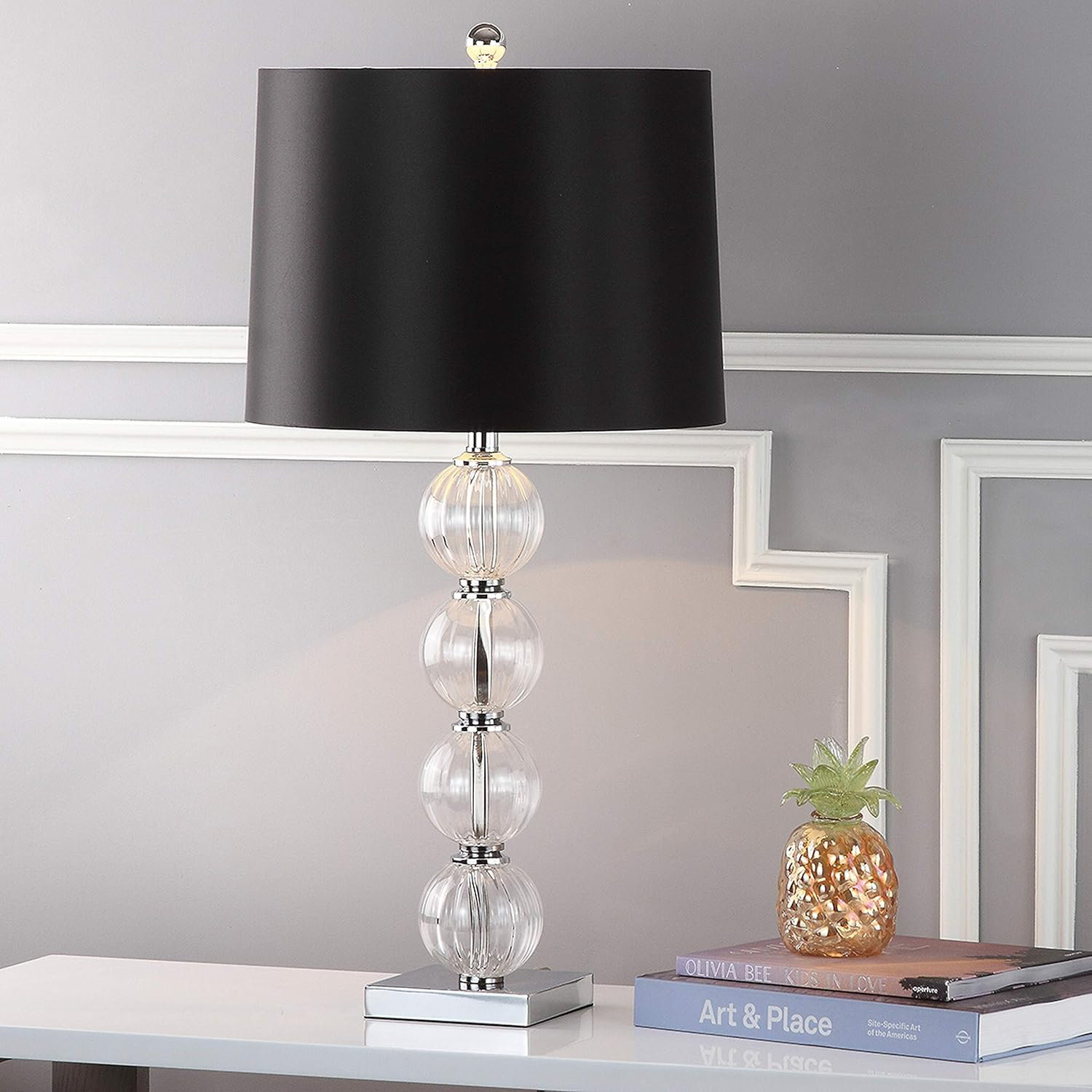 Everly Quinn Modern Crystal Globe Table Lamp With Black Shade For Bedroom, Living Room, Home ...
