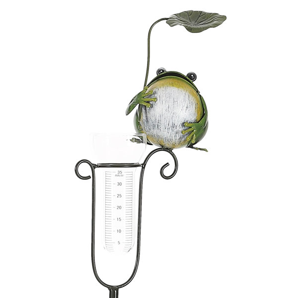 Arlmont & Co. Rustic Metal Frog Holding Leaf Umbrella Rain Gauge Garden ...
