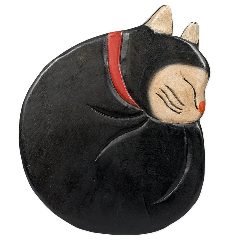 Harriet Bee Esaie Sleeping Black Cat Carved Wooden Foot Stool | Wayfair