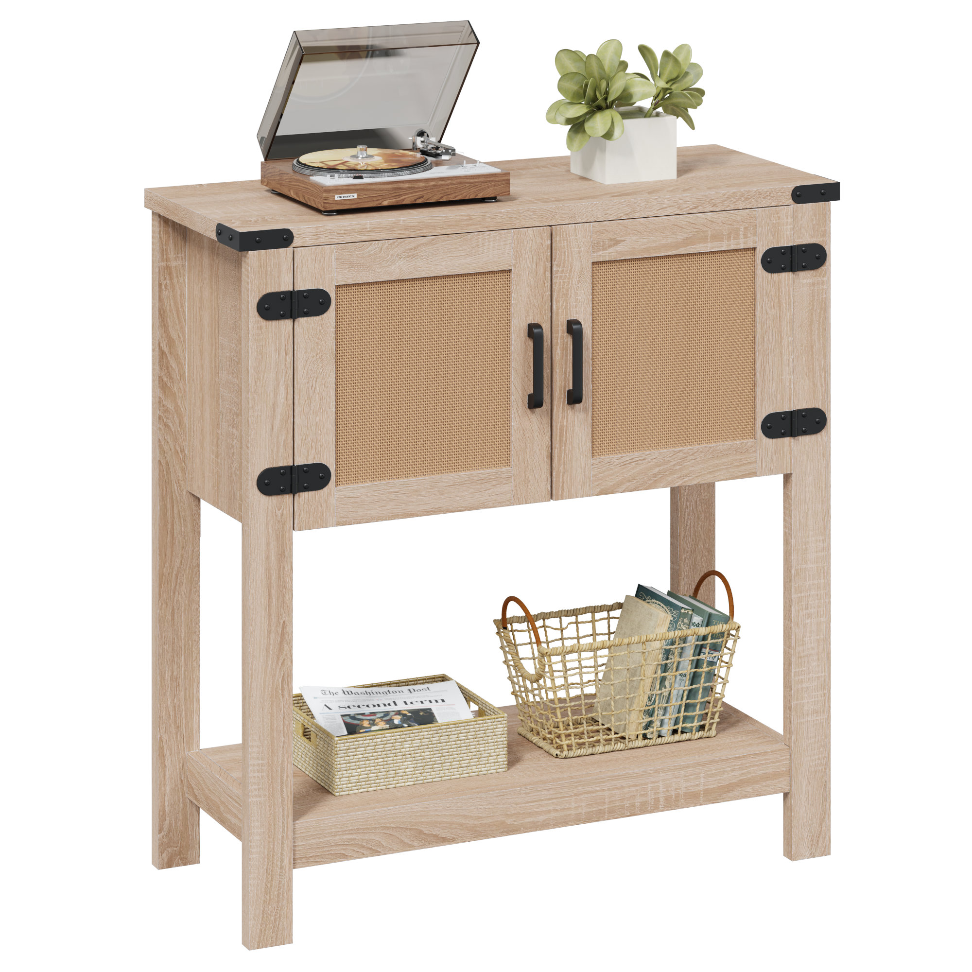 Gracie Oaks Farmhouse Console Table With Rattan Doors, Entryway Table ...