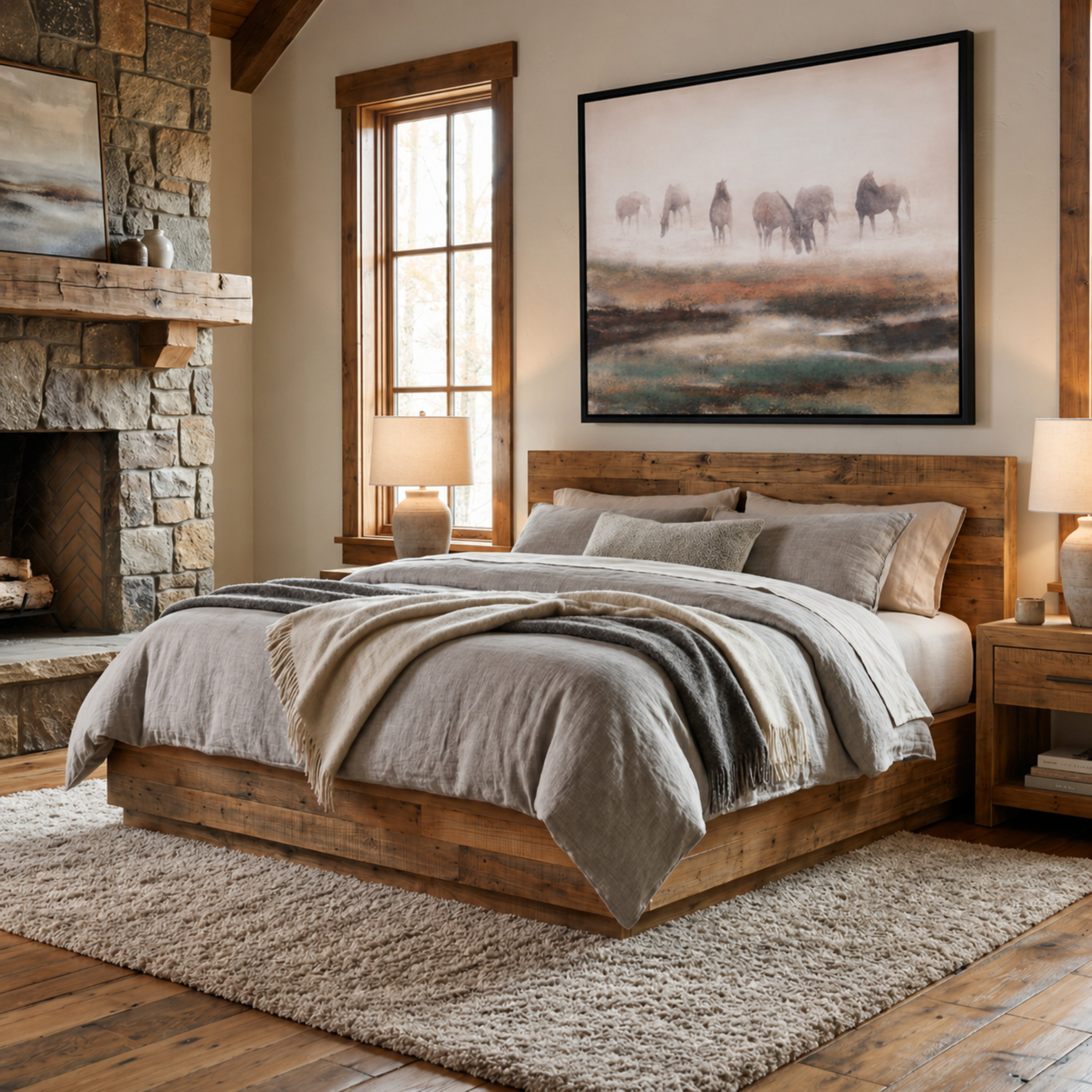 August Grove® Grazing Stallions Rustic Framed Canvas Wall Art | Wayfair