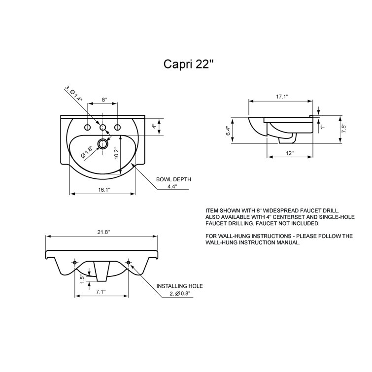 Empire Industries Capri 22" Wall-Hung Ceramic Top In White | Wayfair