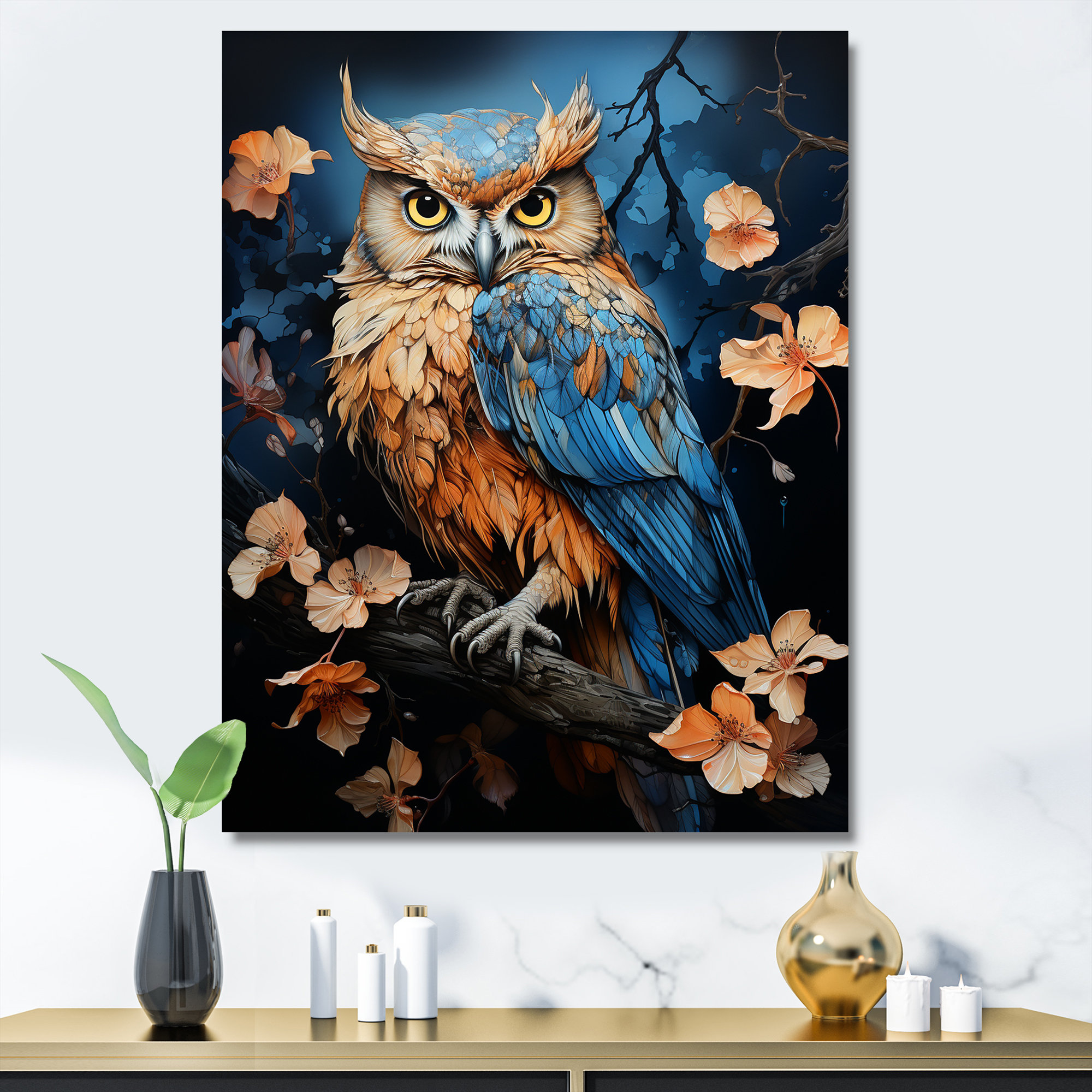Design Art Blue Owls Moonlight Realm II On Canvas Print | Wayfair