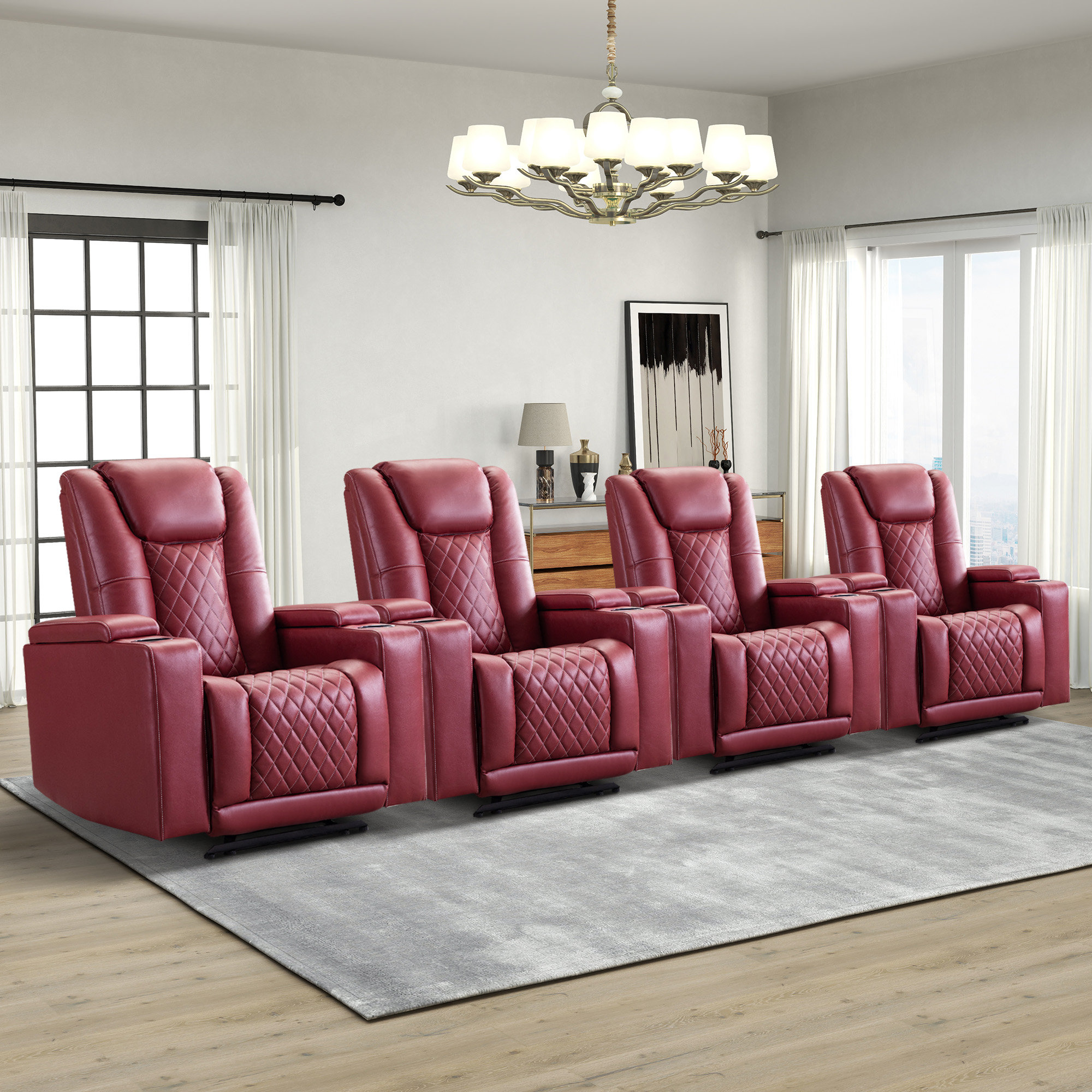 Latitude Run® Zero Gravity Massage and Heating Leather Power Home Theater Seating With Blue Led ...