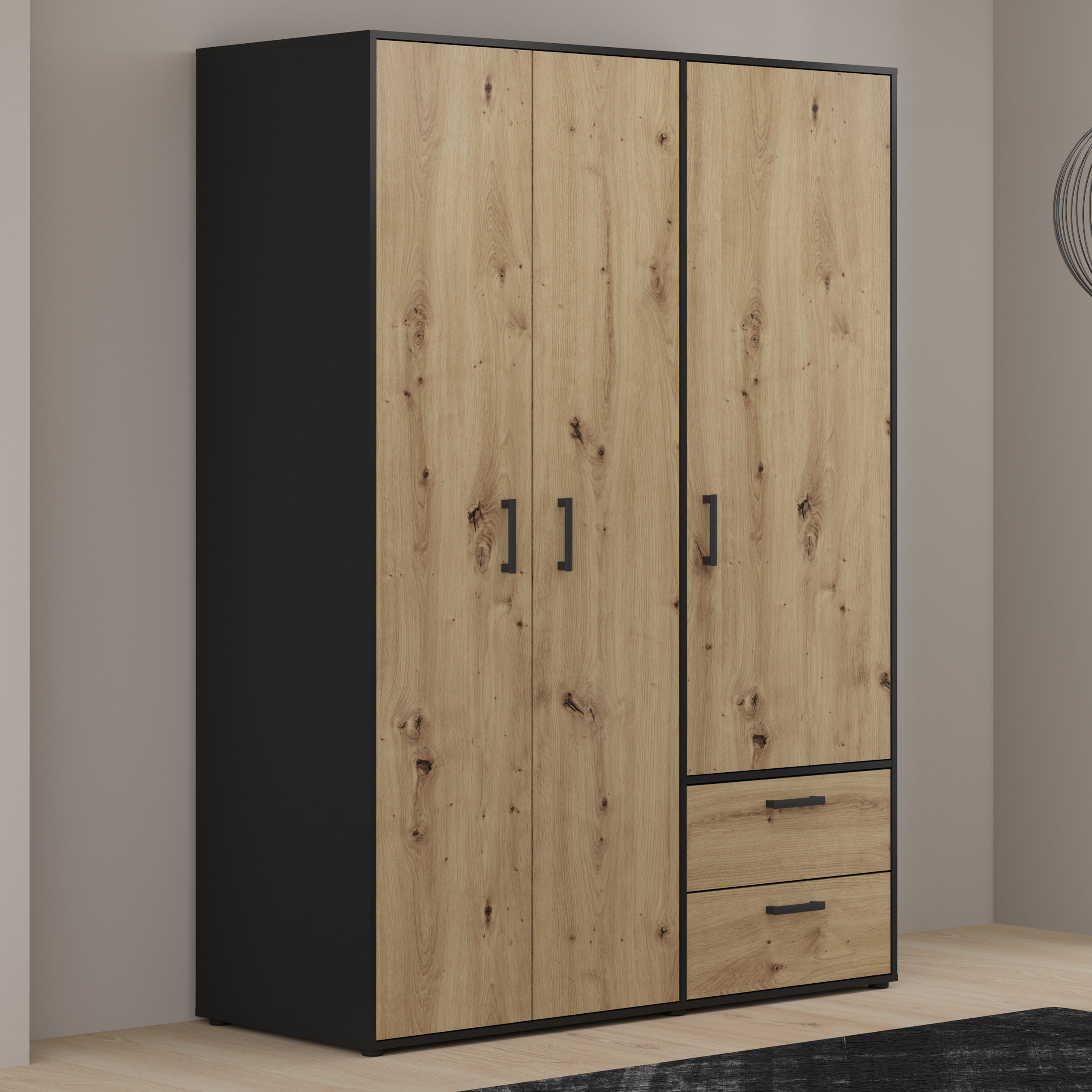 17 Stories Modern wardrobe with 3 doors, 2 drawers, clothing rail and ...