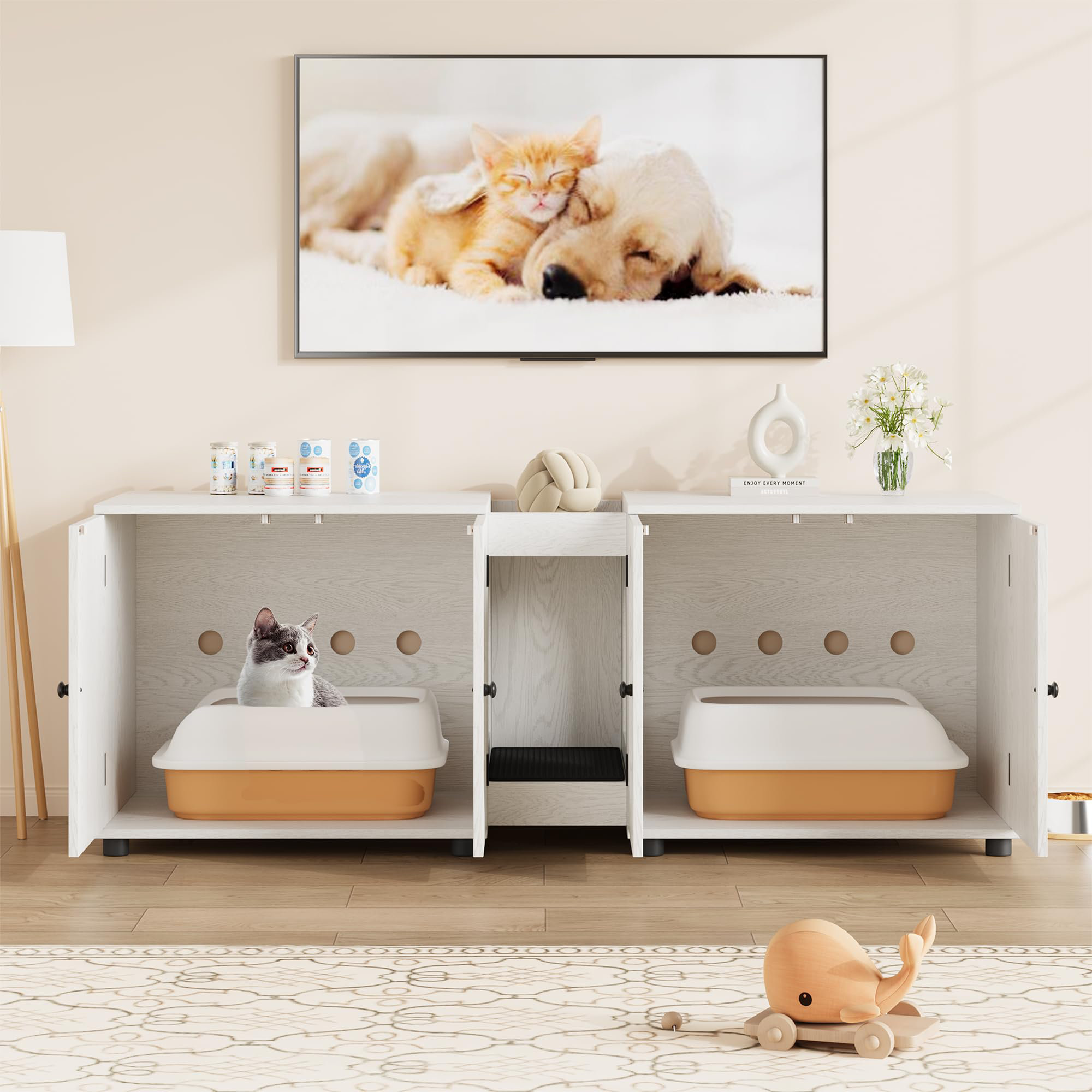 Yuan Home Cat Litter Box Enclosure 55.1" Double Litter Box Furniture ...