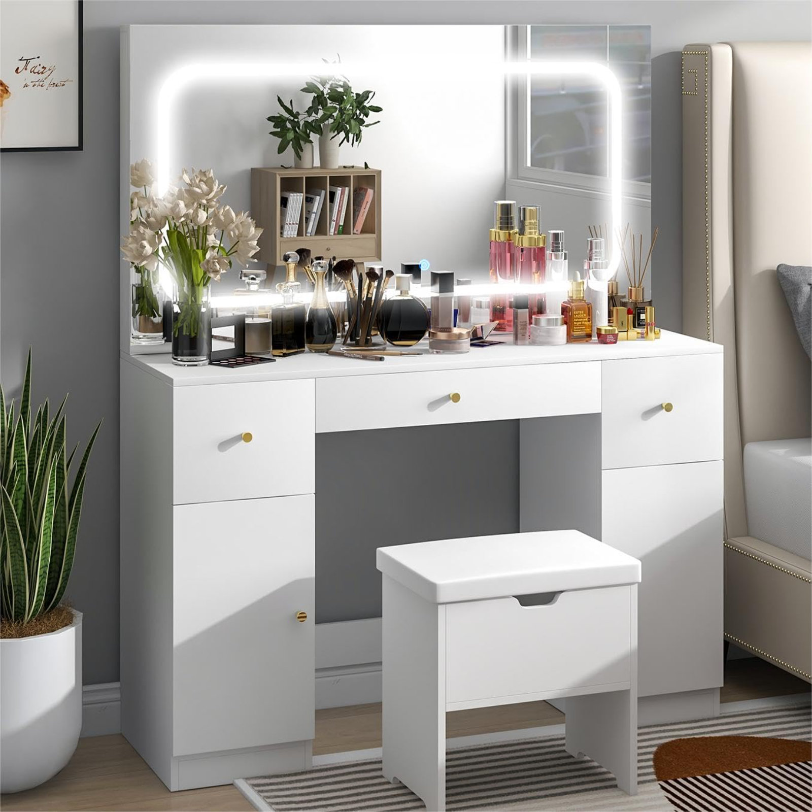 Brayden Studio® The Dressing Table Is Equipped With A Large Mirror And ...
