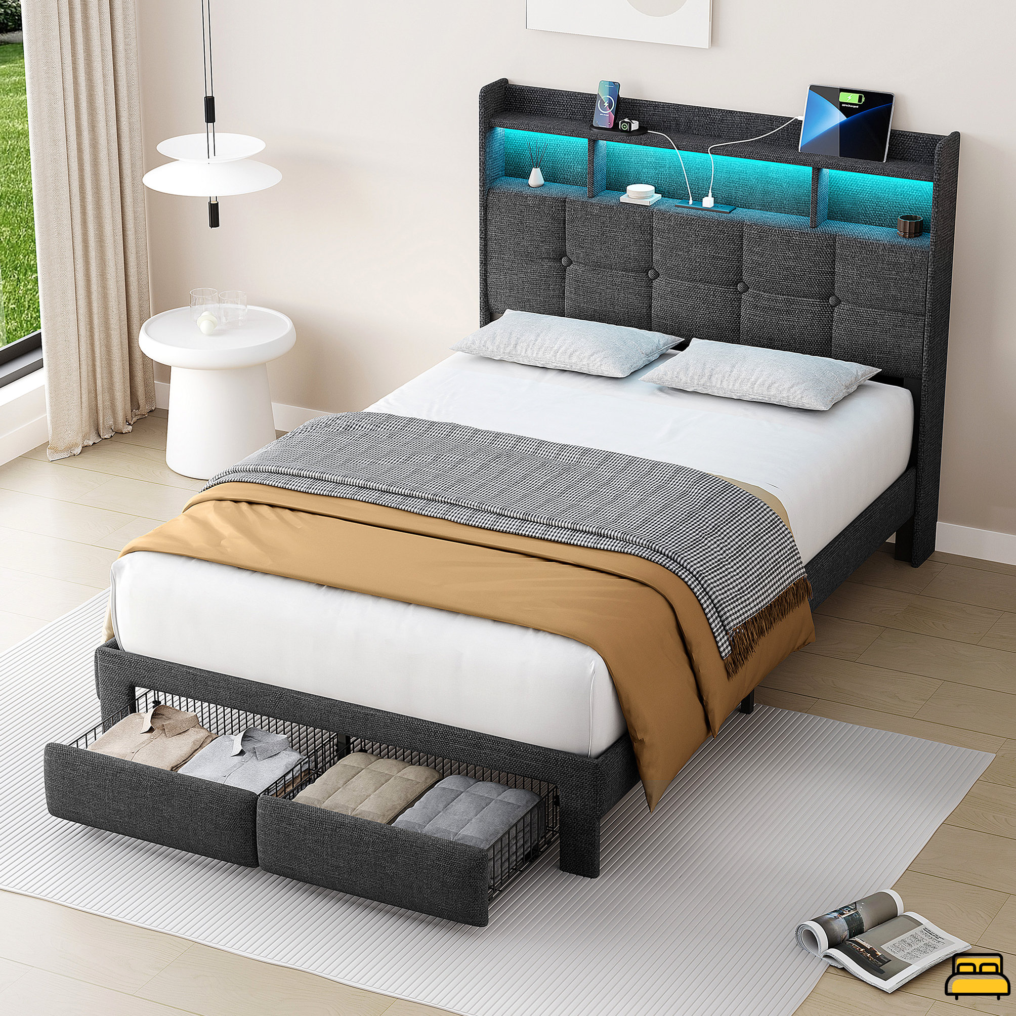 Wrought Studio King Bed Frame, Upholstered Headboard, And 2 Drawers ...