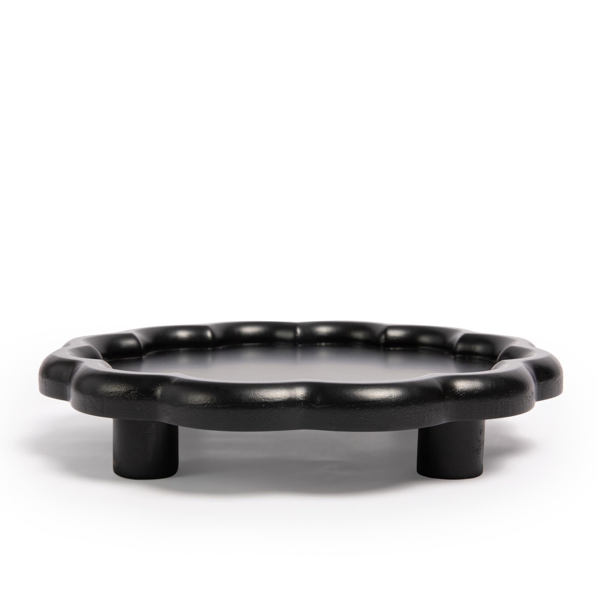 Ebern Designs Black Round MDF Raised Tray With Scalloped Edges And Anti ...