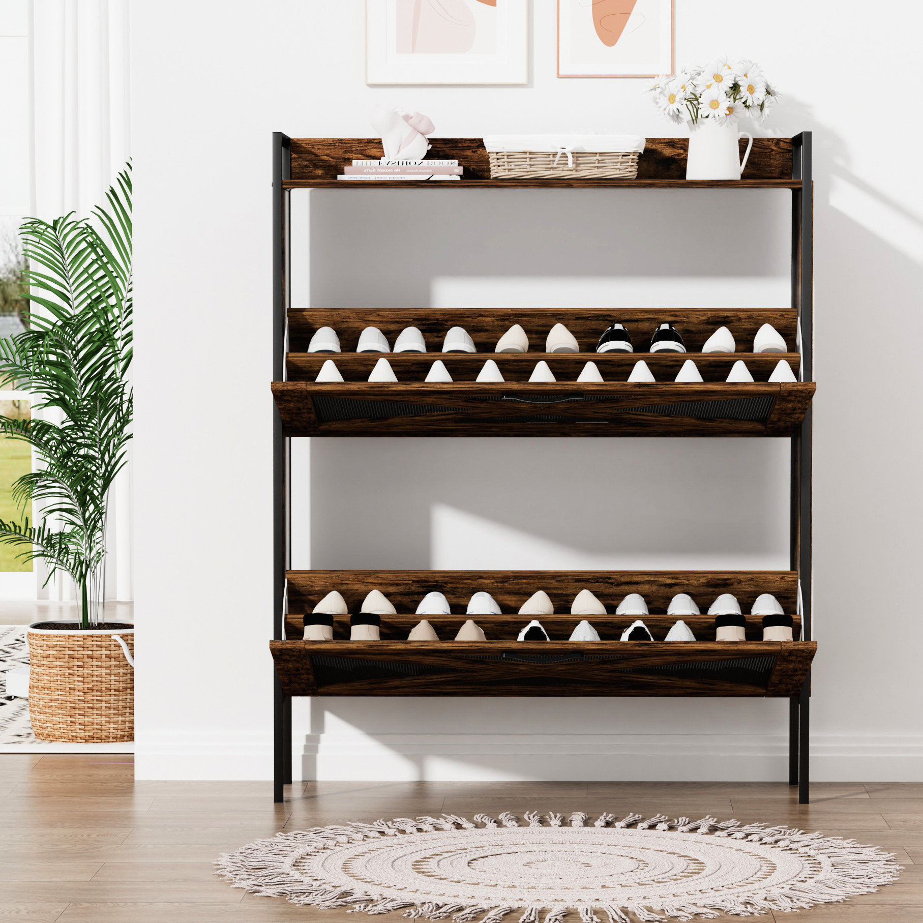 17 Stories Rustic Brown Shoe Rack With Adjustable Shelves And Metal ...