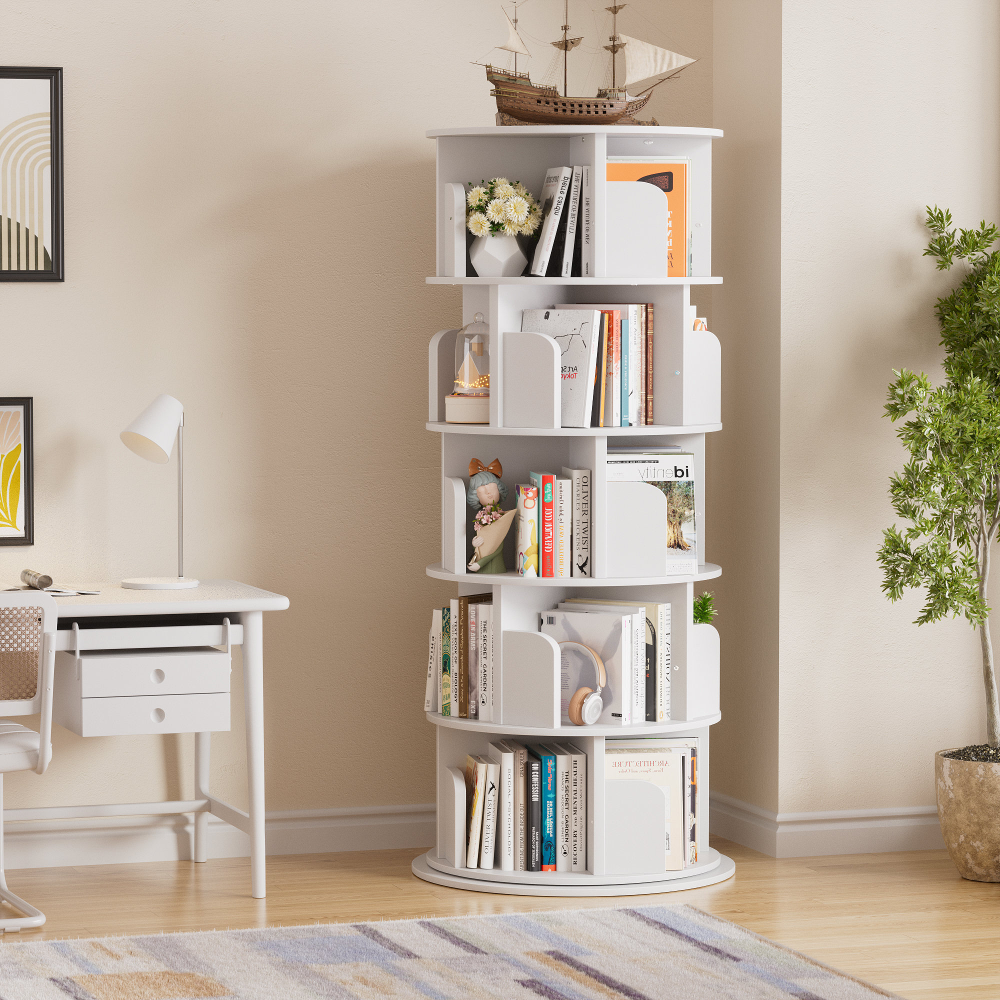 Ebern Designs 5 Tier Rotating Bookshelf, 360° Rotating Bookcase For ...