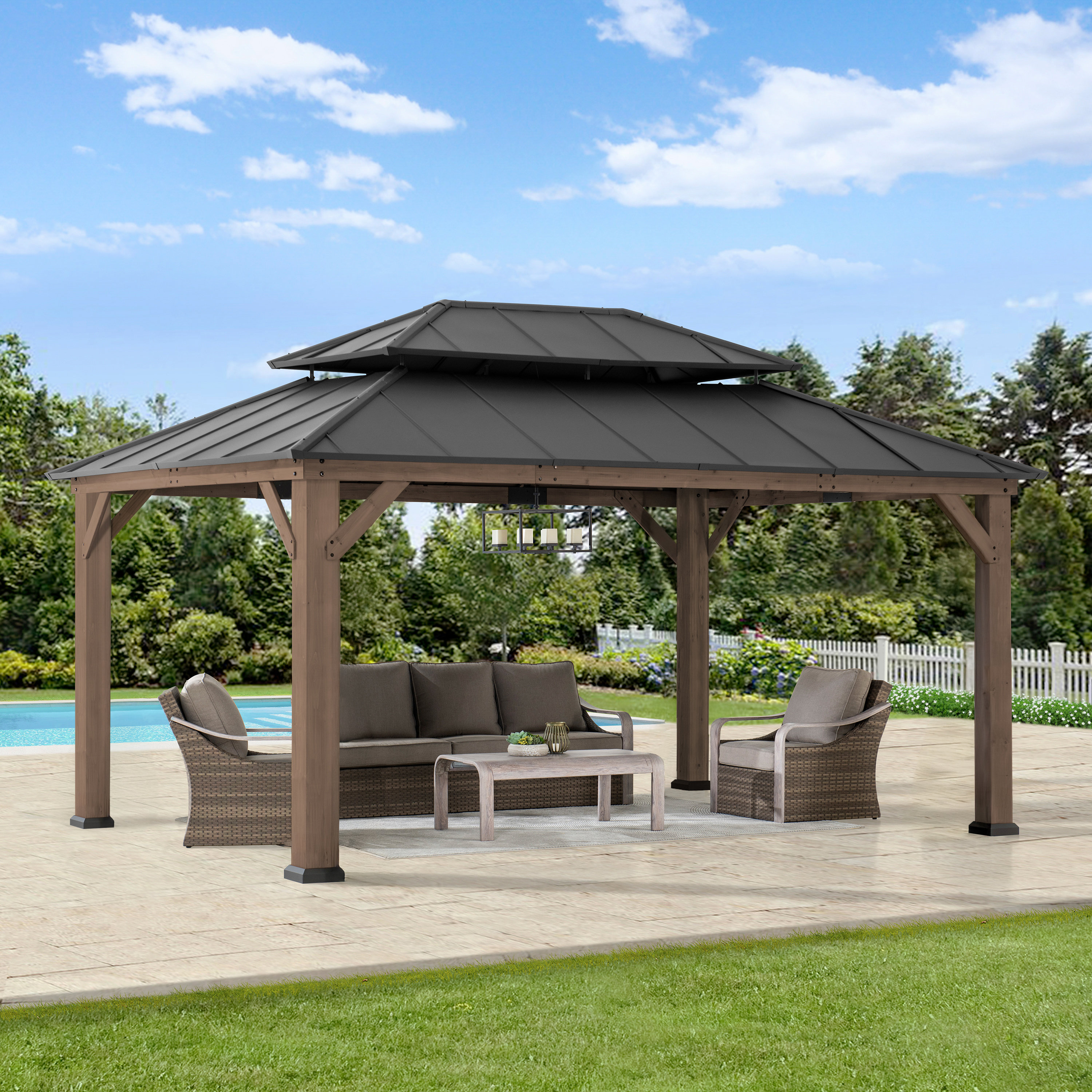 Sunjoy 12x16 ft. Wood Gazebo, Outdoor Patio Steel Hardtop Gazebo, Cedar ...