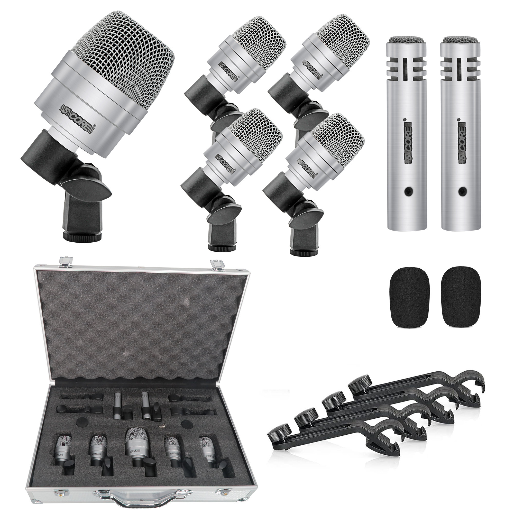 5 Core Drum Mic Kit 7 Pcs Kick Bass Tom Snare Dynamic Microphone ...