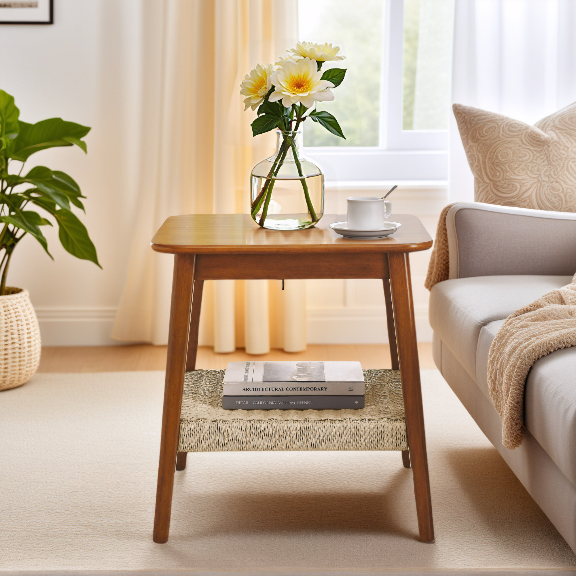 Dakota Fields Mid-Century Boho Accent Table - 23" w/Woven Storage Shelf ...