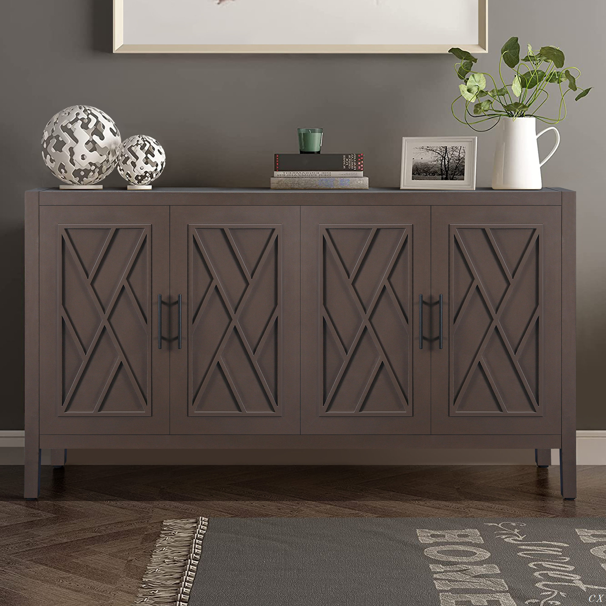 Gracie Oaks 60 Inches Modern Farmhouse Accent Cabinet With 4 Doors And ...