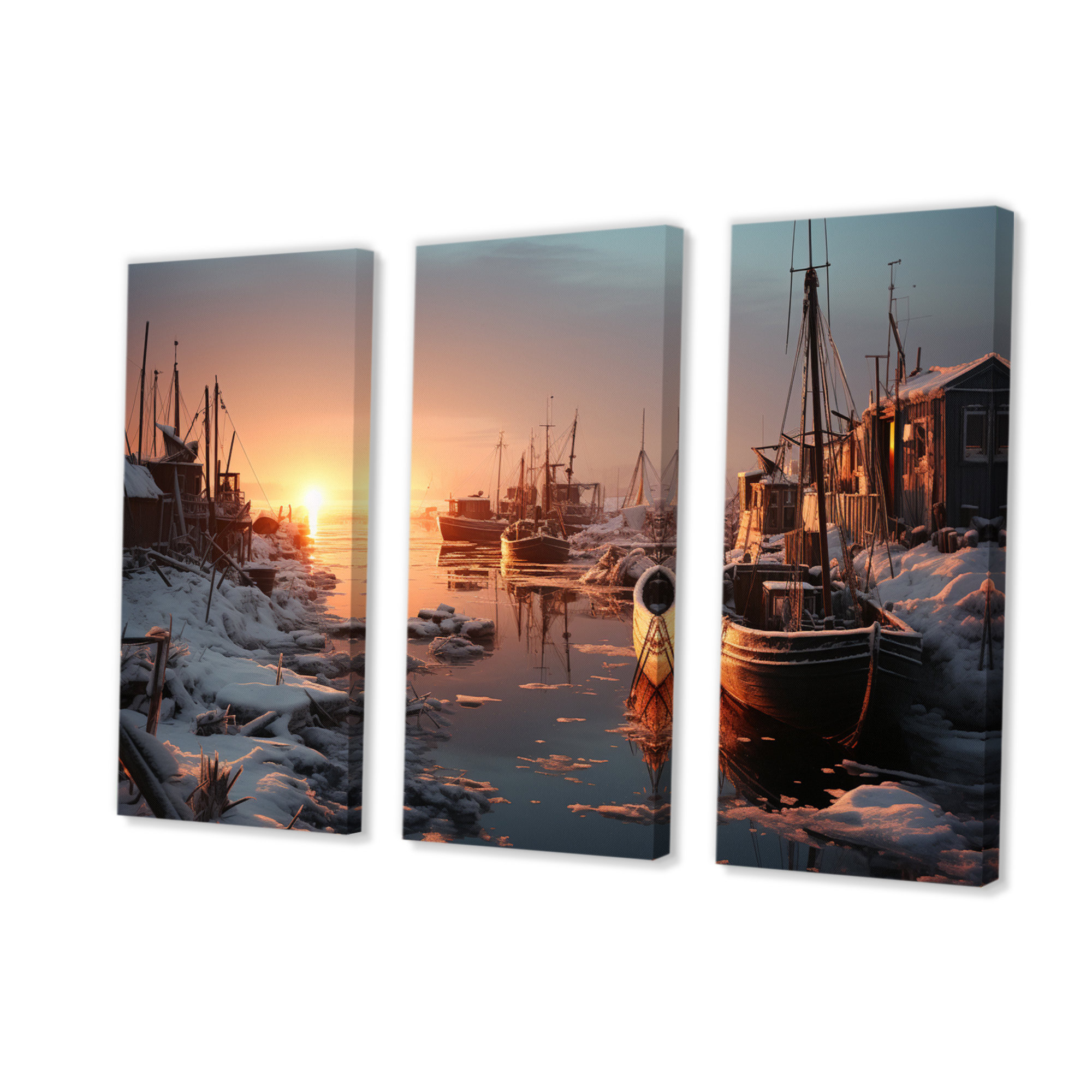 Breakwater Bay Winter Landscape Icy Harbor On Canvas 3 Pieces Print ...