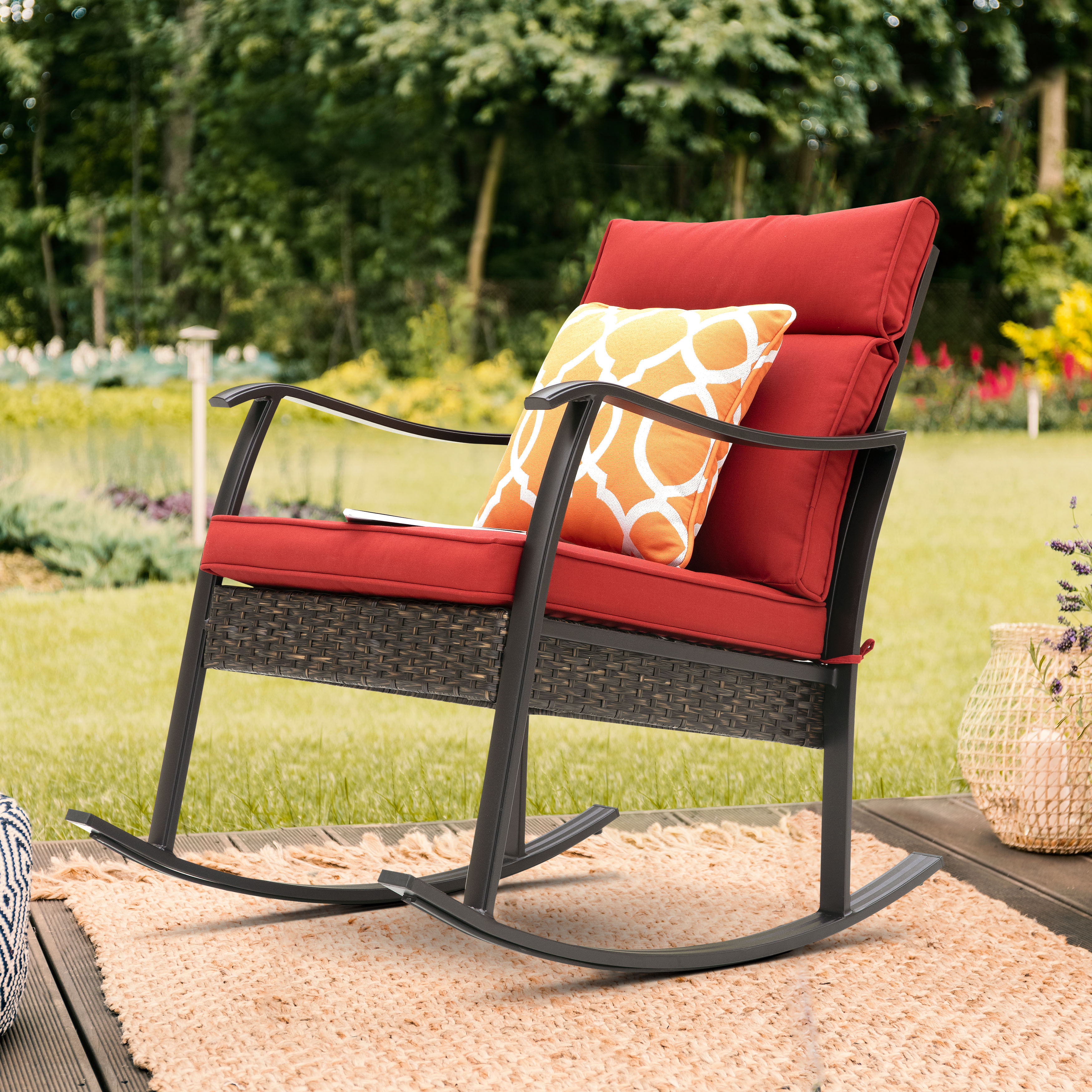 Mercury Row Outdoor Portsmouth Rocking Metal Chair with Cushions ...