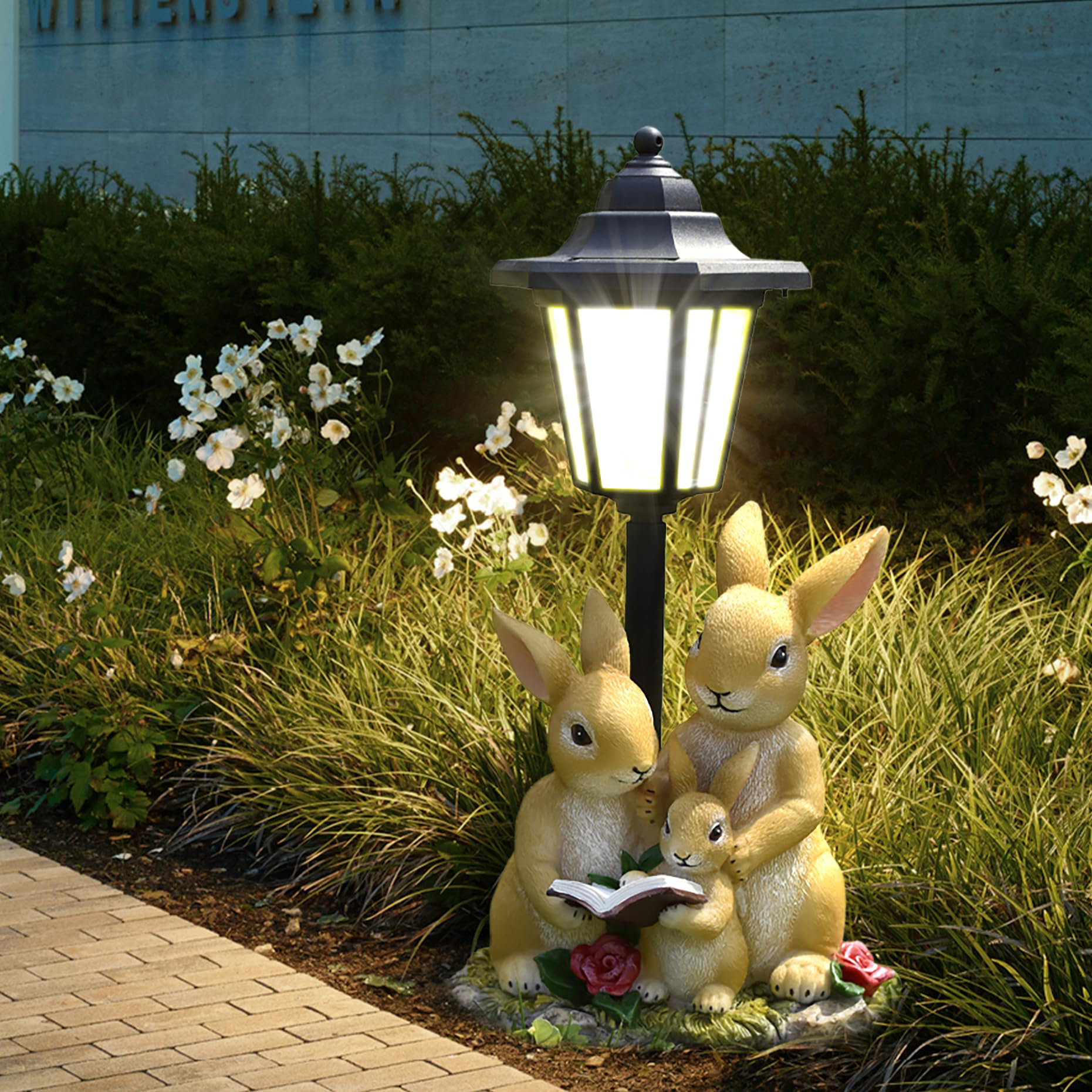 The Holiday Aisle® Solar Rabbit Family Garden Statue with LED Lights ...