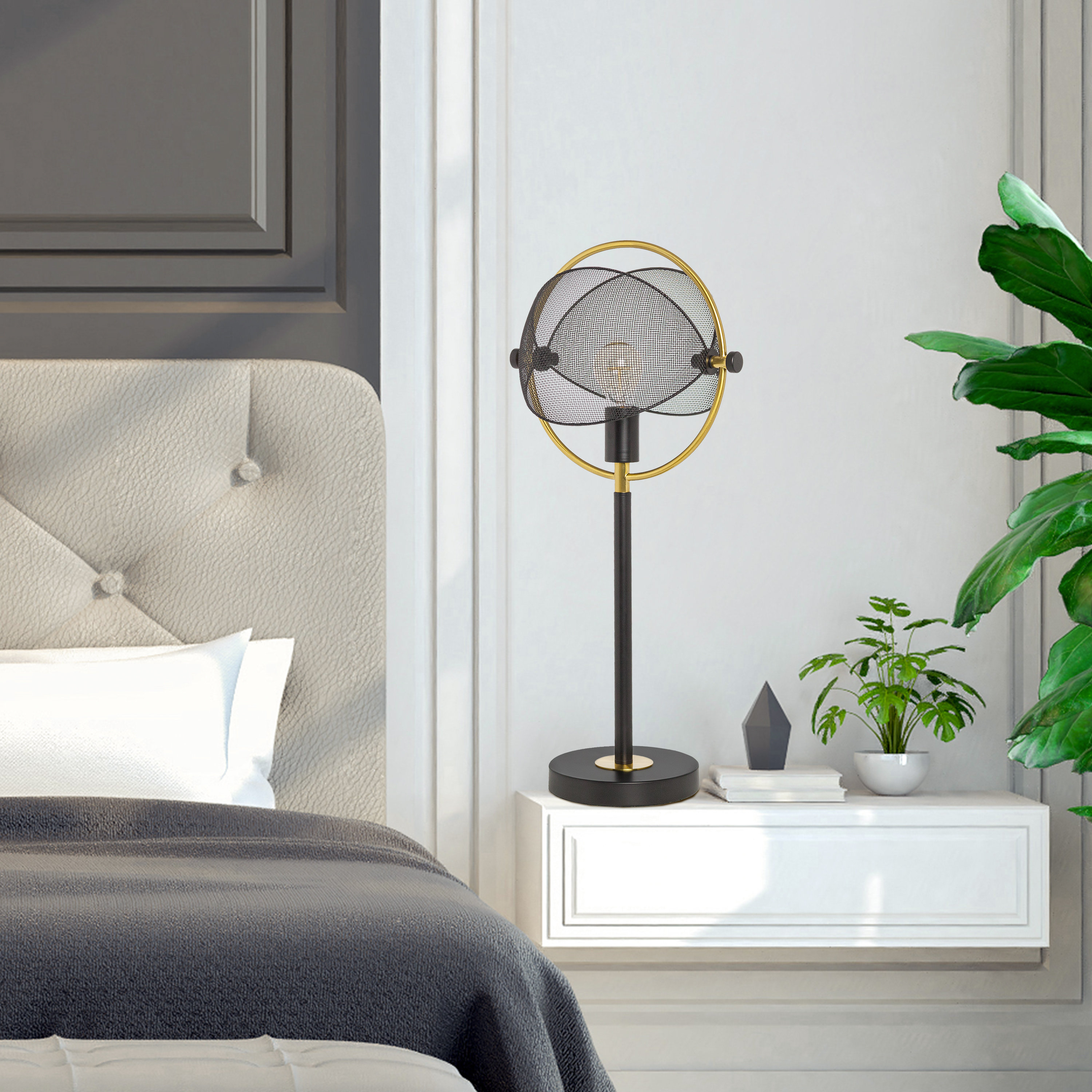 Mercer41 13.5"H Karigan Black and Gold Metal Table Lamp with Mesh Shade ...