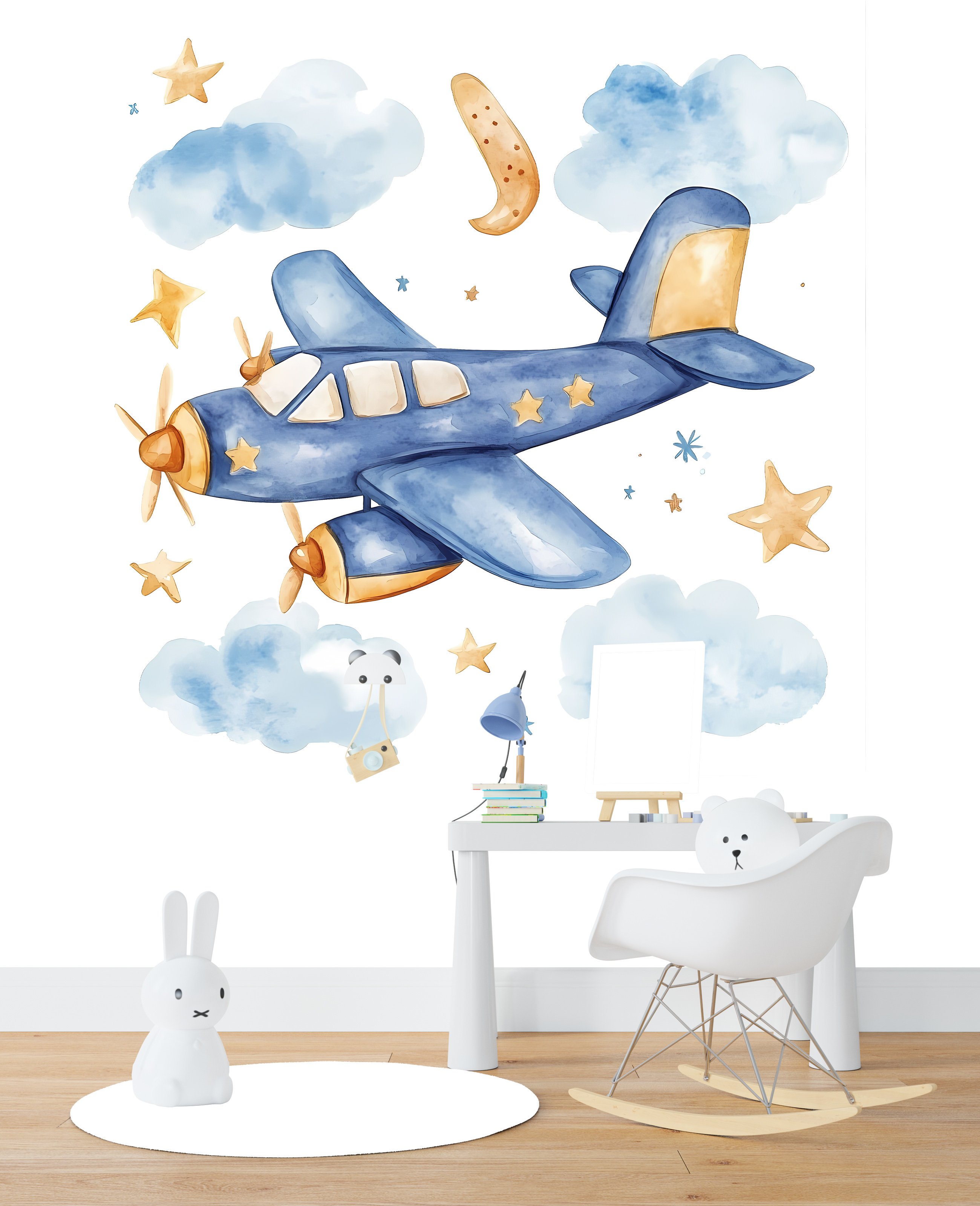 Zoomie Kids Airplane Vinyl Wall Decal – Cute Blue Plane With Stars ...