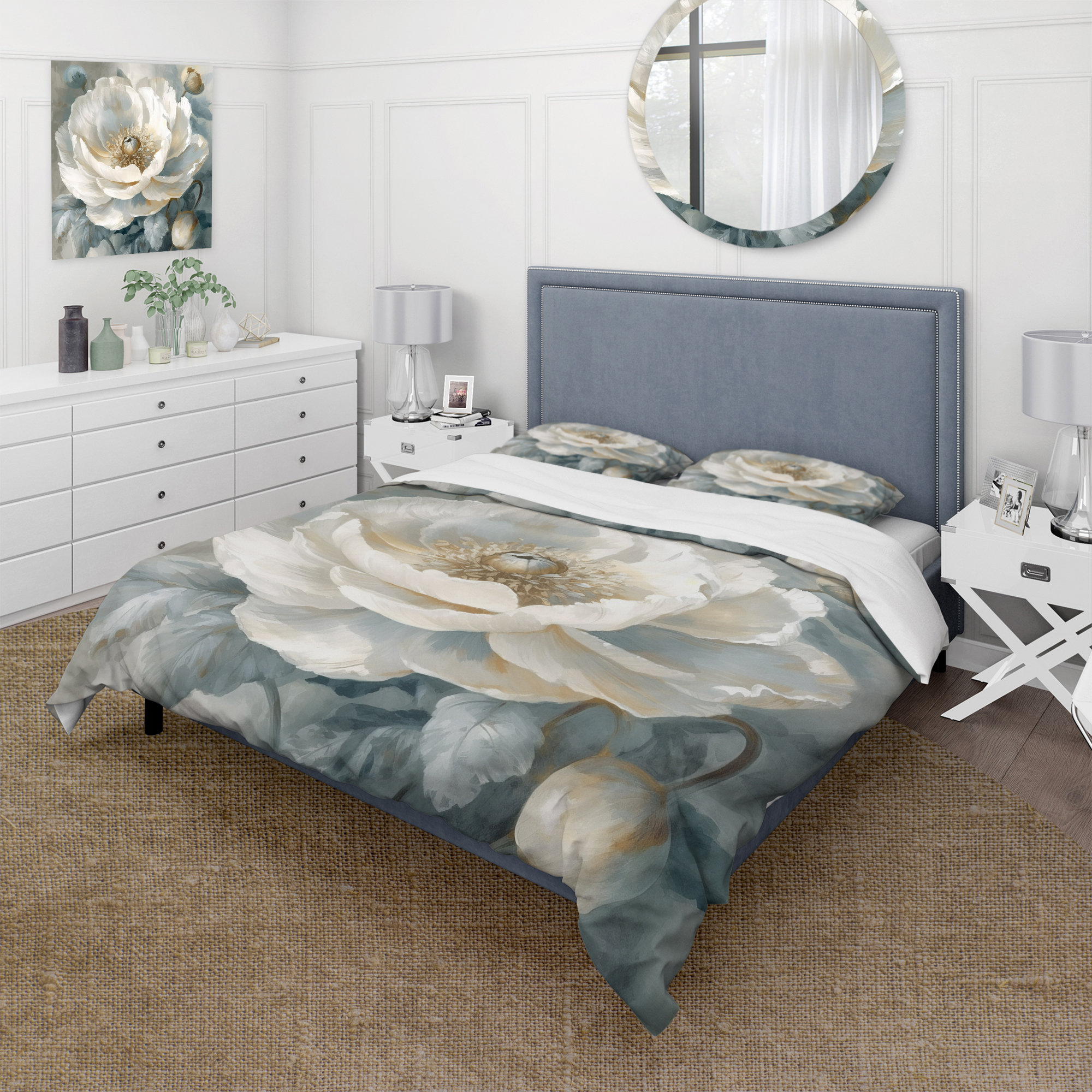 Design Art White Blue Peonies Symphony I BeddingMicrofiber / Polyester ...