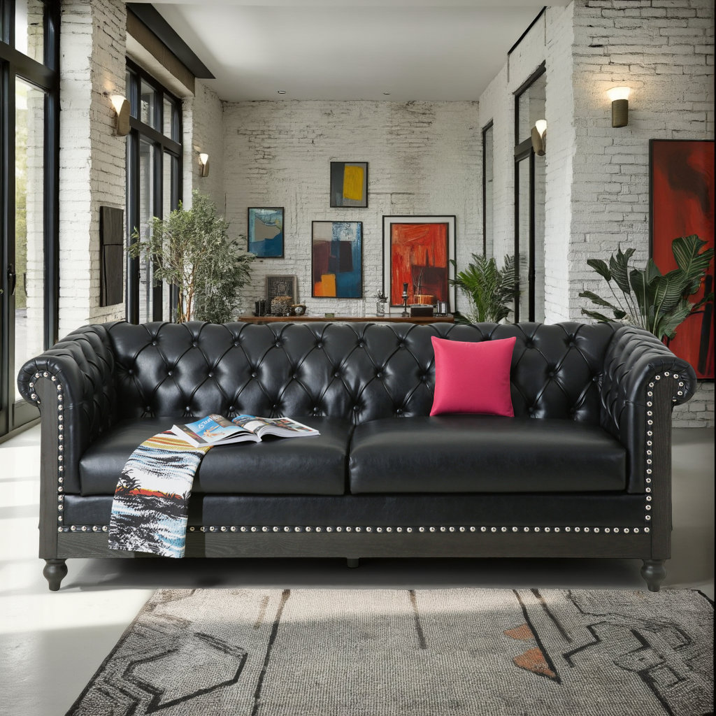 George Oliver Retro PU Leather 3-Seater Sofa with Wooden Legs & Pull ...