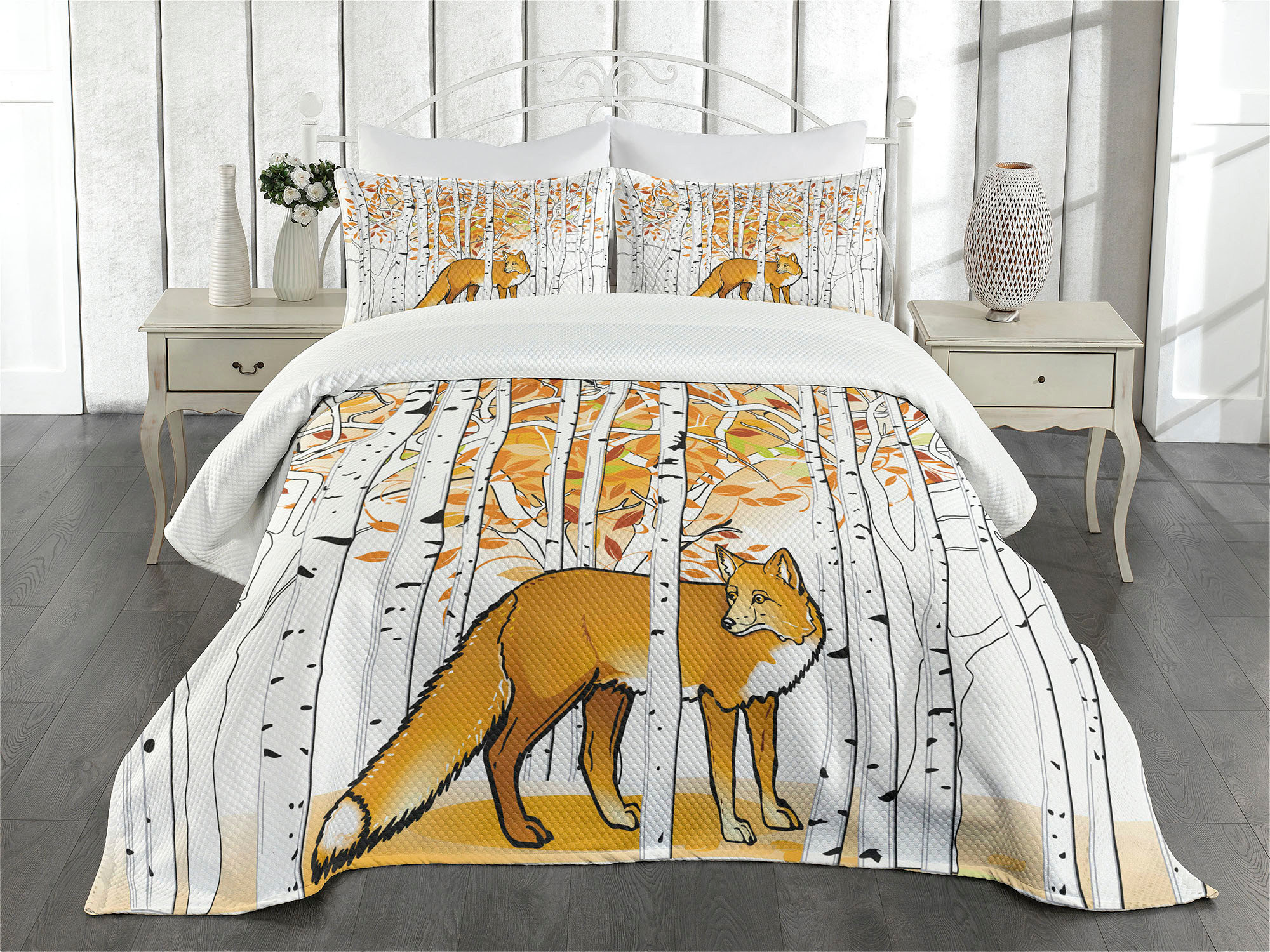 Ambesonne Hunting Bedspread Set Fox Autumn Forest Orange White Black ...