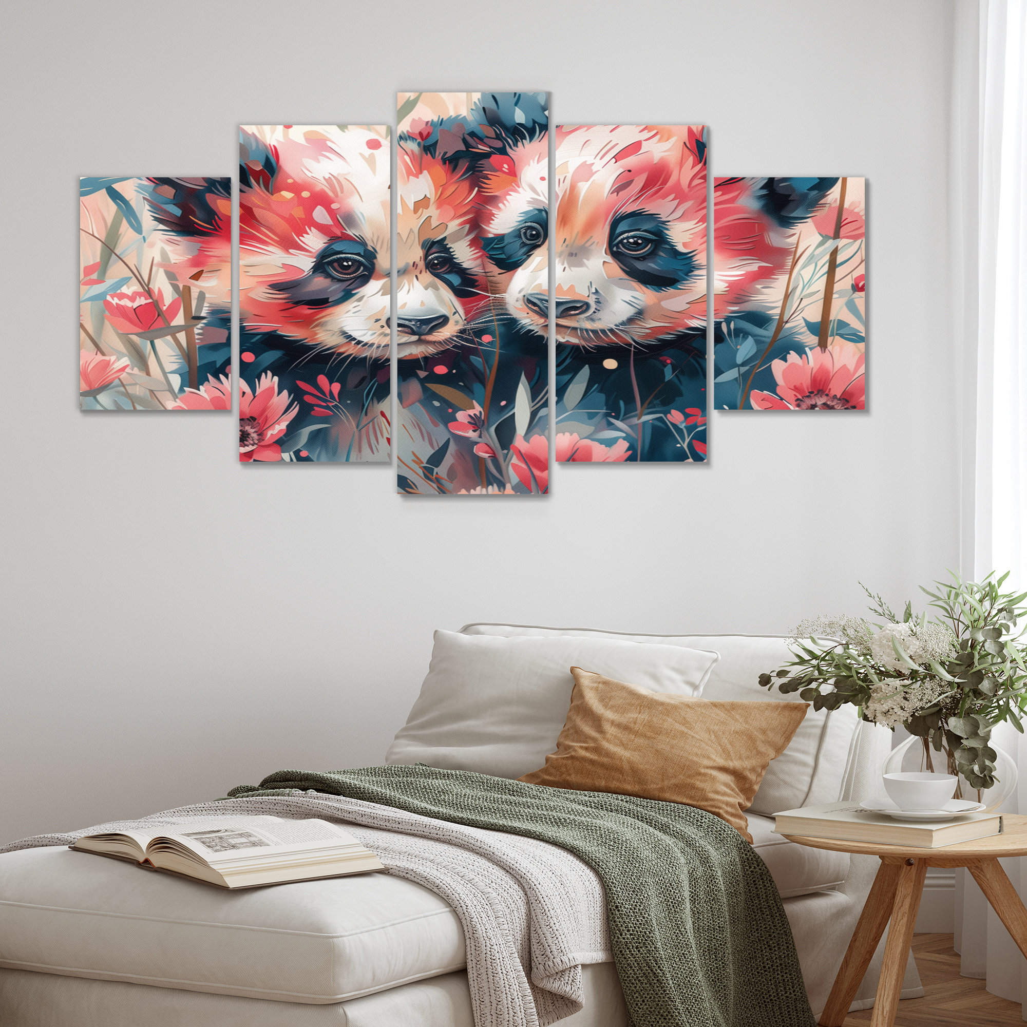 Design Art Pink Black Pandas Meadow I - Panda Animal Canvas Art Set ...