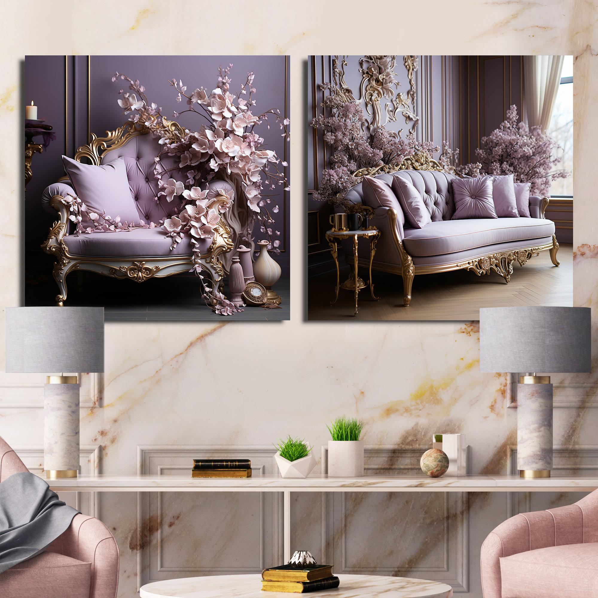 House of Hampton® Lilac Couch Adorned With Gilded Accents - Lilacs ...