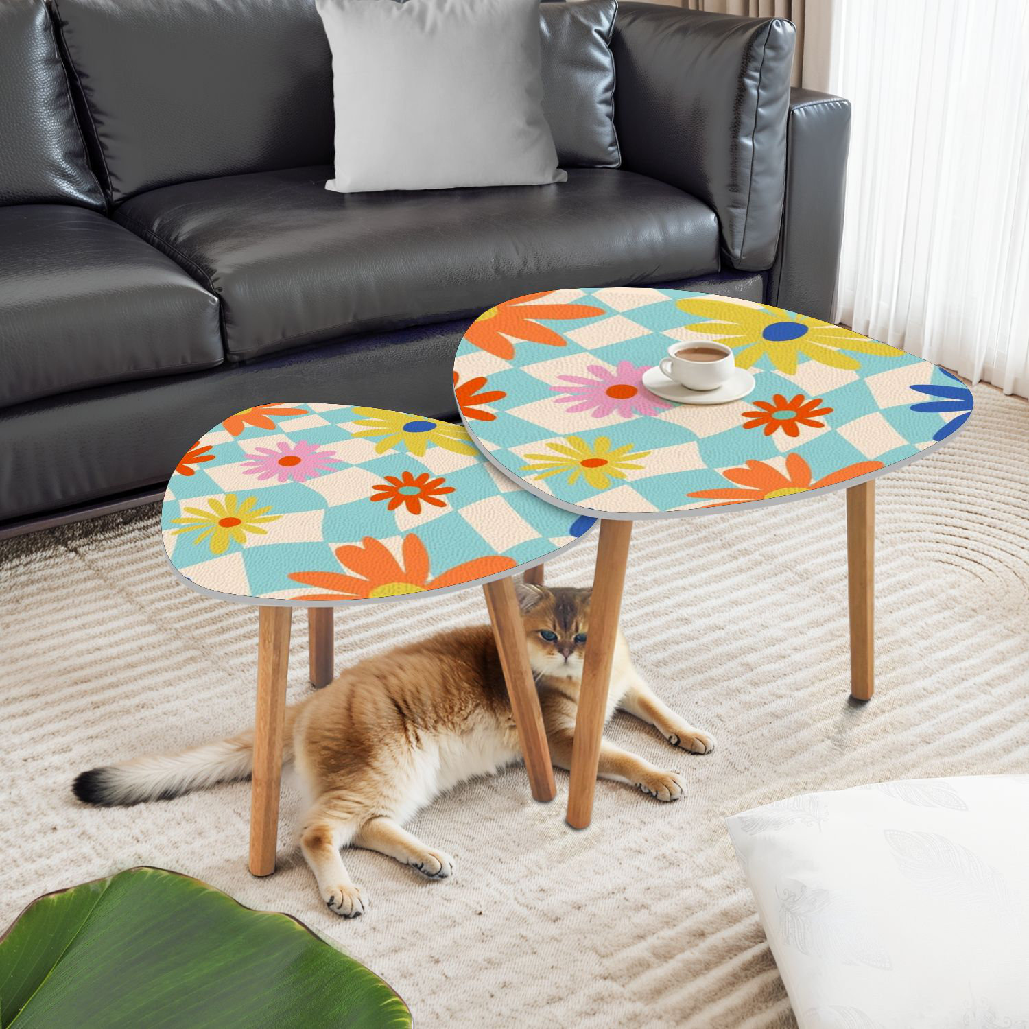 George Oliver Triangle Nesting Coffee Table Set of 2 1970s Retro Daisy ...