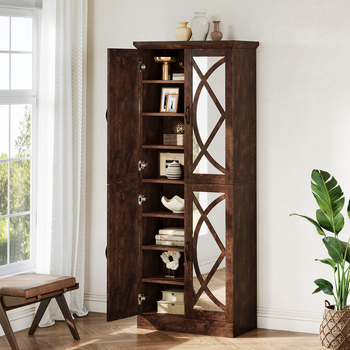 August Grove® 8 Tiers Bookcases With 4 Mirrored Doors, Bookshelf For ...