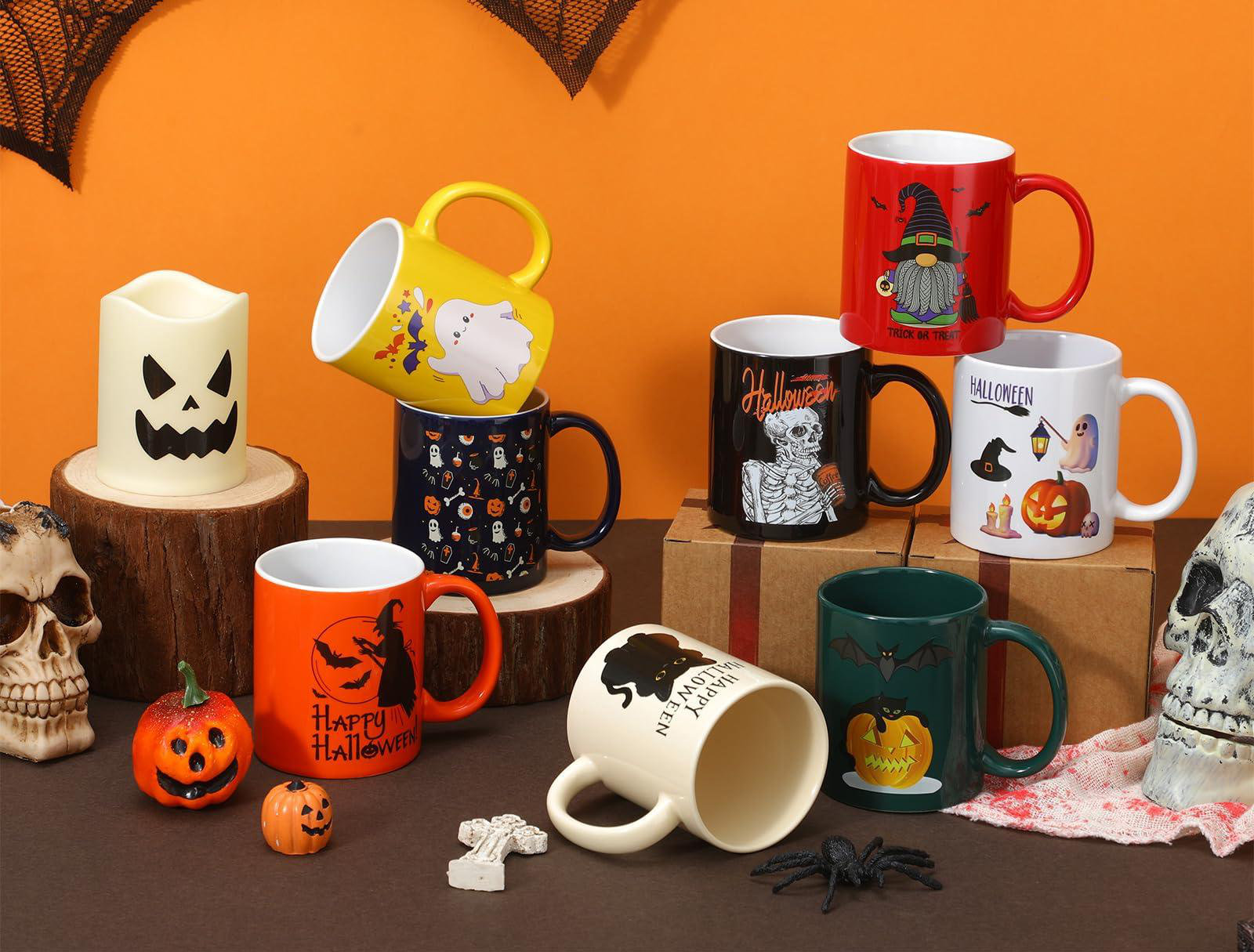COEN 8-Piece Halloween Mug Set - 12oz Ceramic Coffee Mugs with Handles ...
