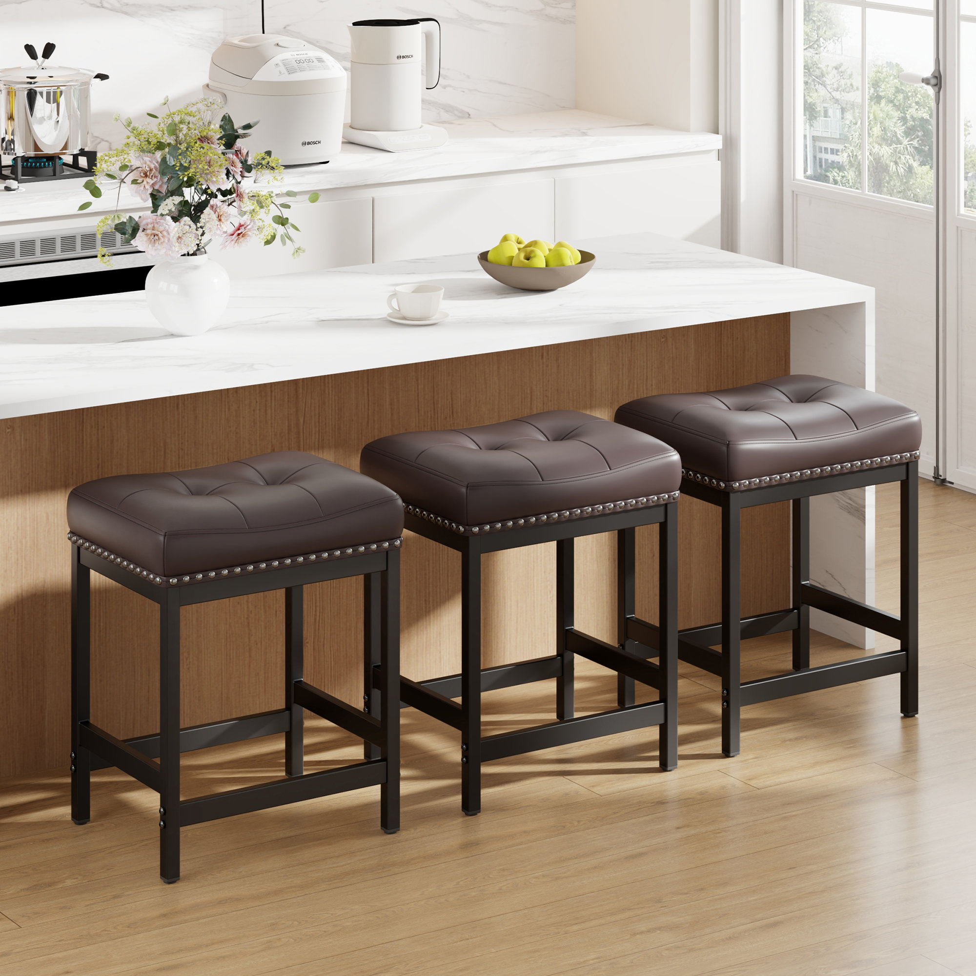 Winston Porter 24” Upholstered PU Leather Backless Counter Stool with ...