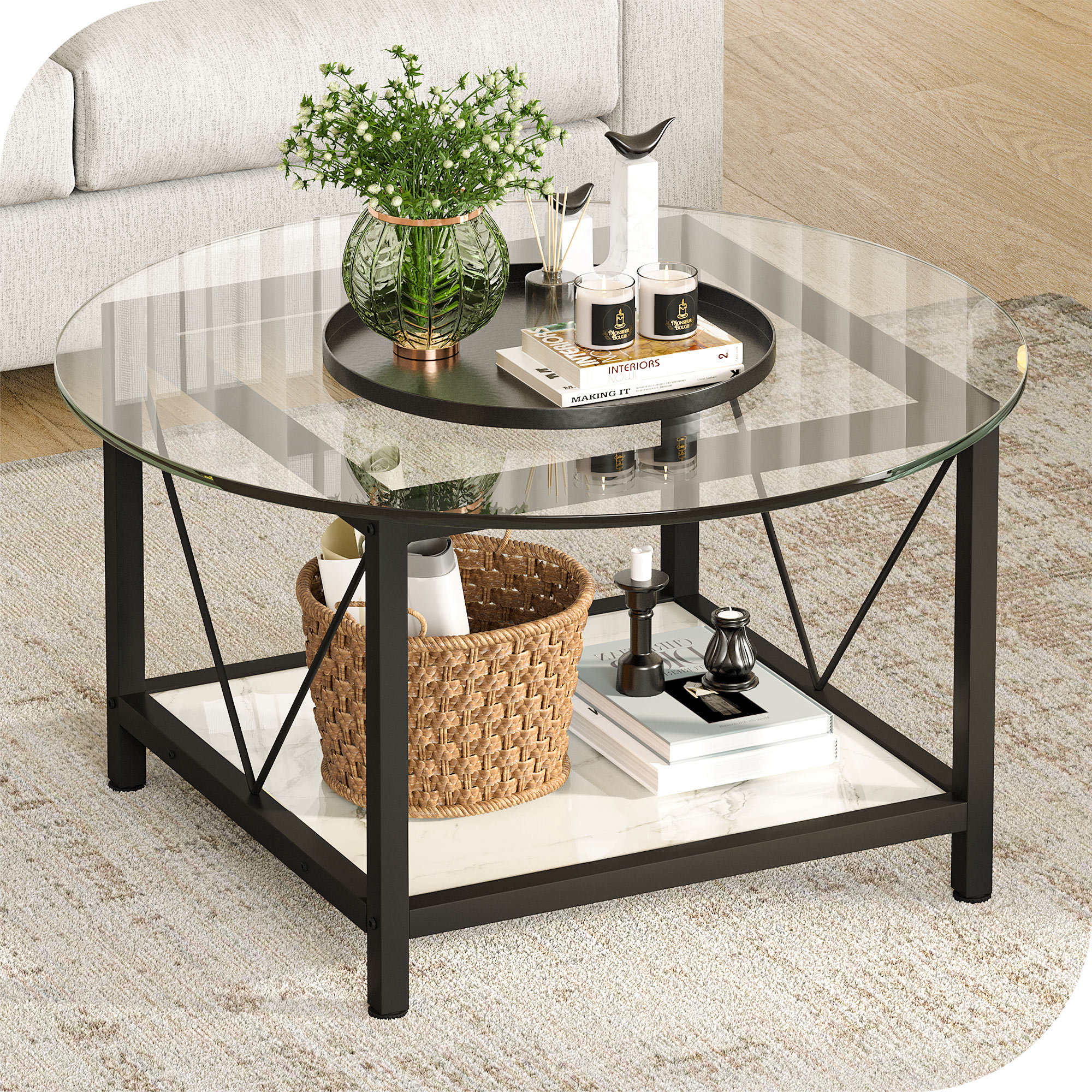 Wade Logan Aiyub 31.5" Modern Round Glass Coffee Table with Metal Frame ...