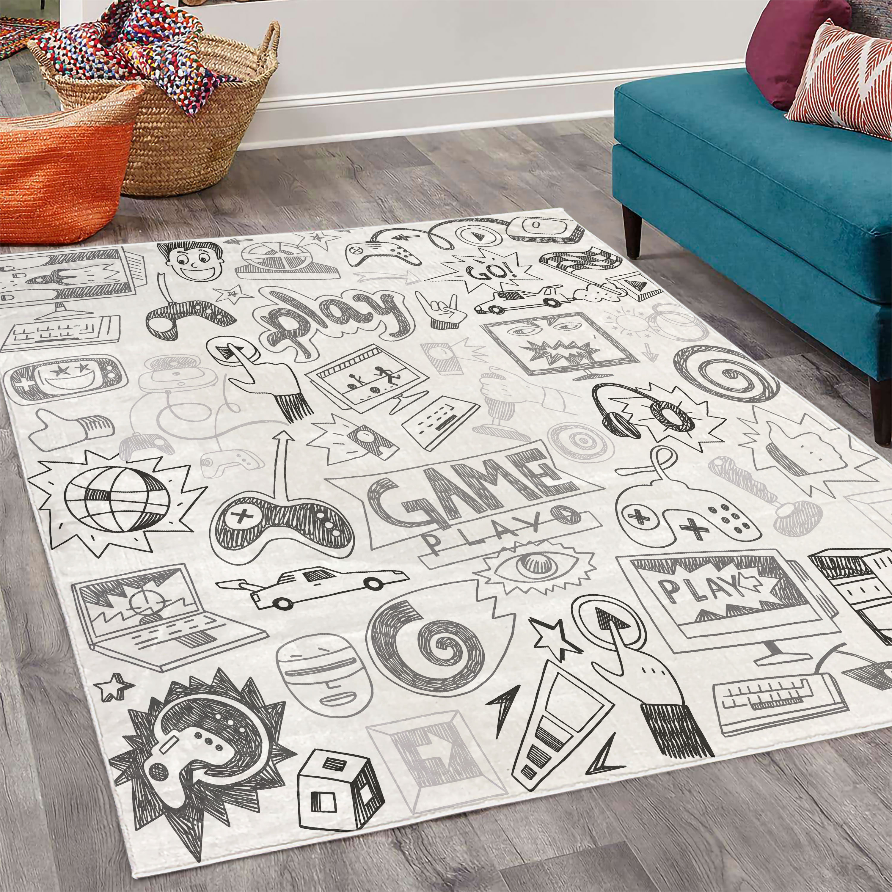 Zoomie Kids Video Games Decorative Rug, Monochrome Sketch Gaming Design ...