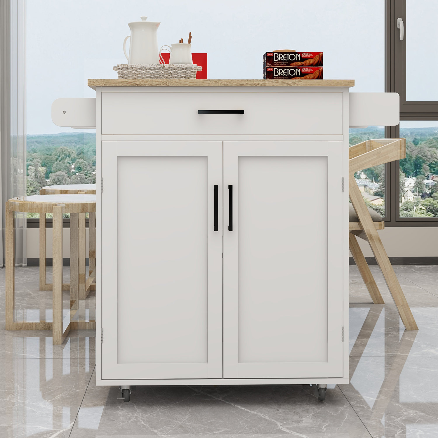 Gracie Oaks White Kitchen Trolley With Farmhouse Door And Rubber Wood ...