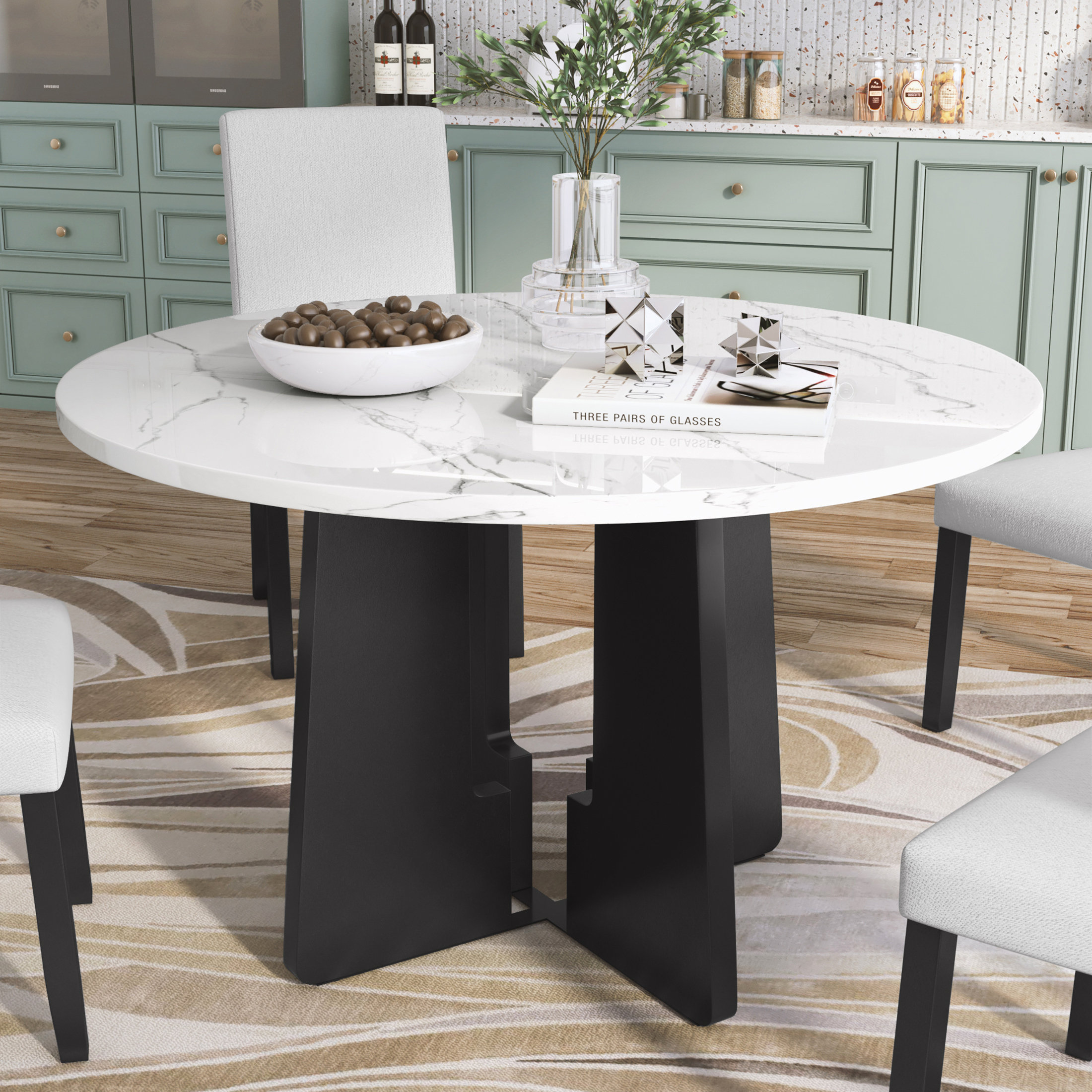Ivy Bronx Round Dining Table for 4, 43-Inch Faux Marble Top, Mid ...