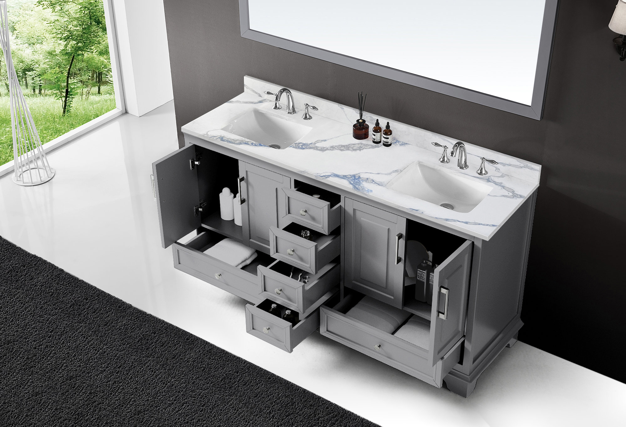 Lark Manor Cianfero 72 Inch Bath Vanity in Grey with Grey Veins Quartz ...